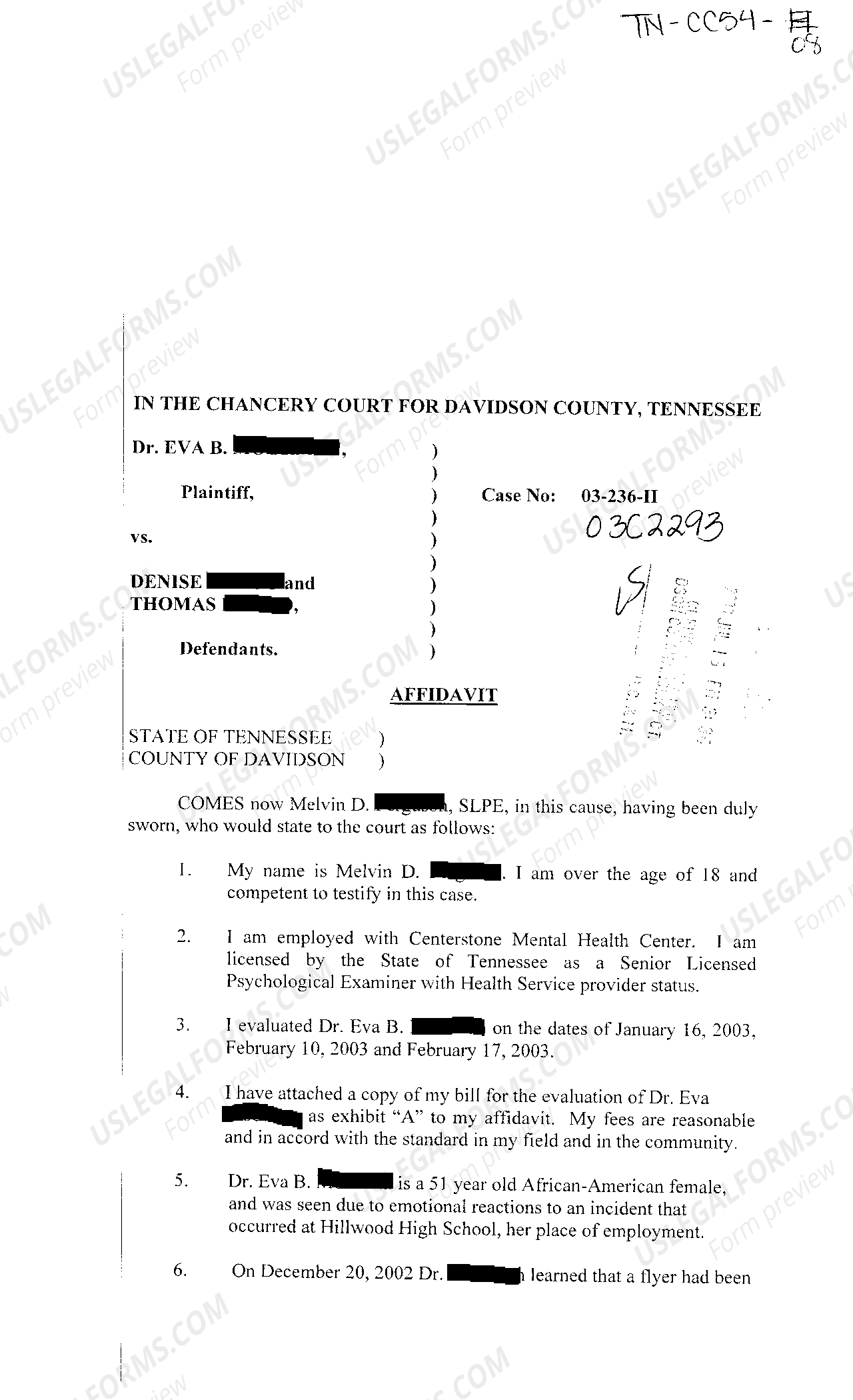 Tennessee Affidavit from health professional regarding damages | US Legal Forms