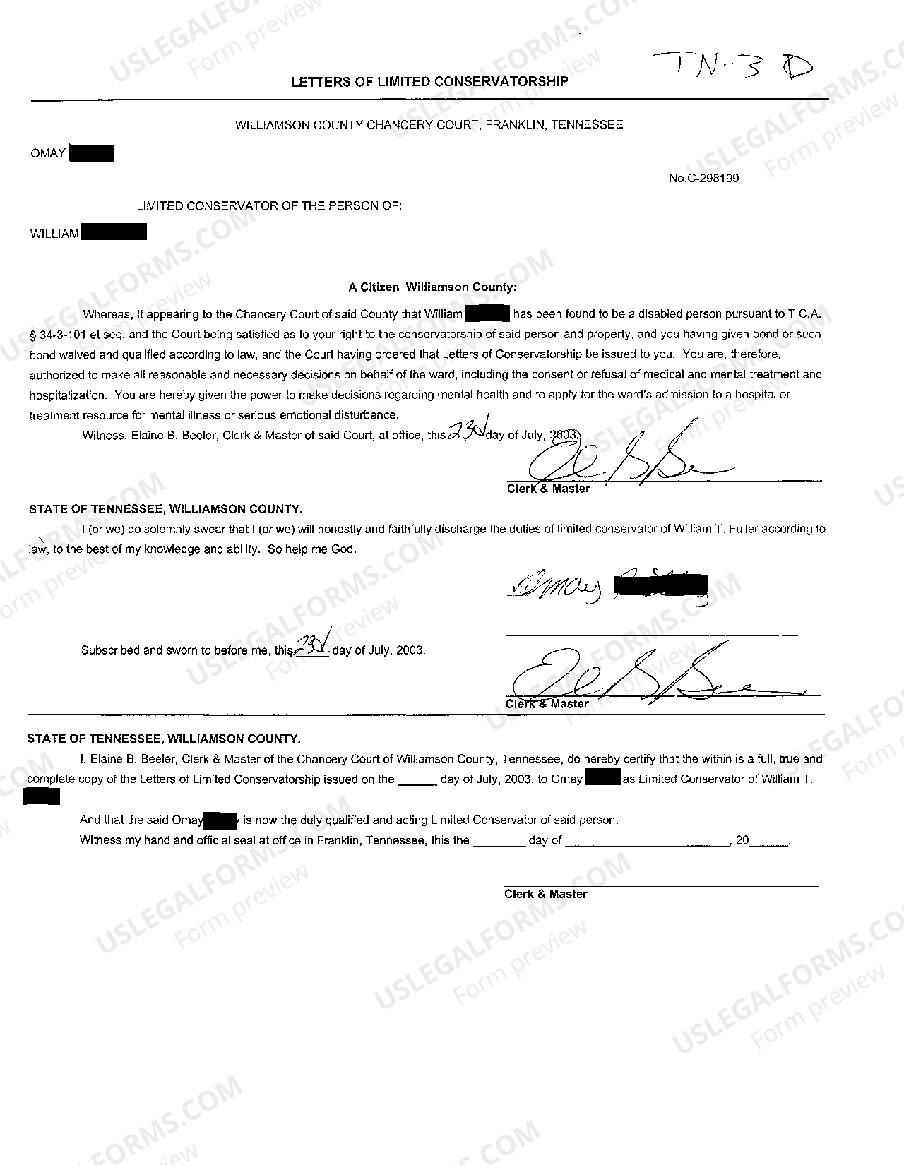 Tennessee Letter of Limited Conservatorship | US Legal Forms