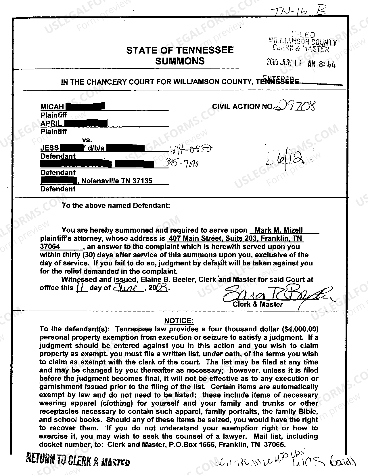 State of Tennessee Summons | US Legal Forms