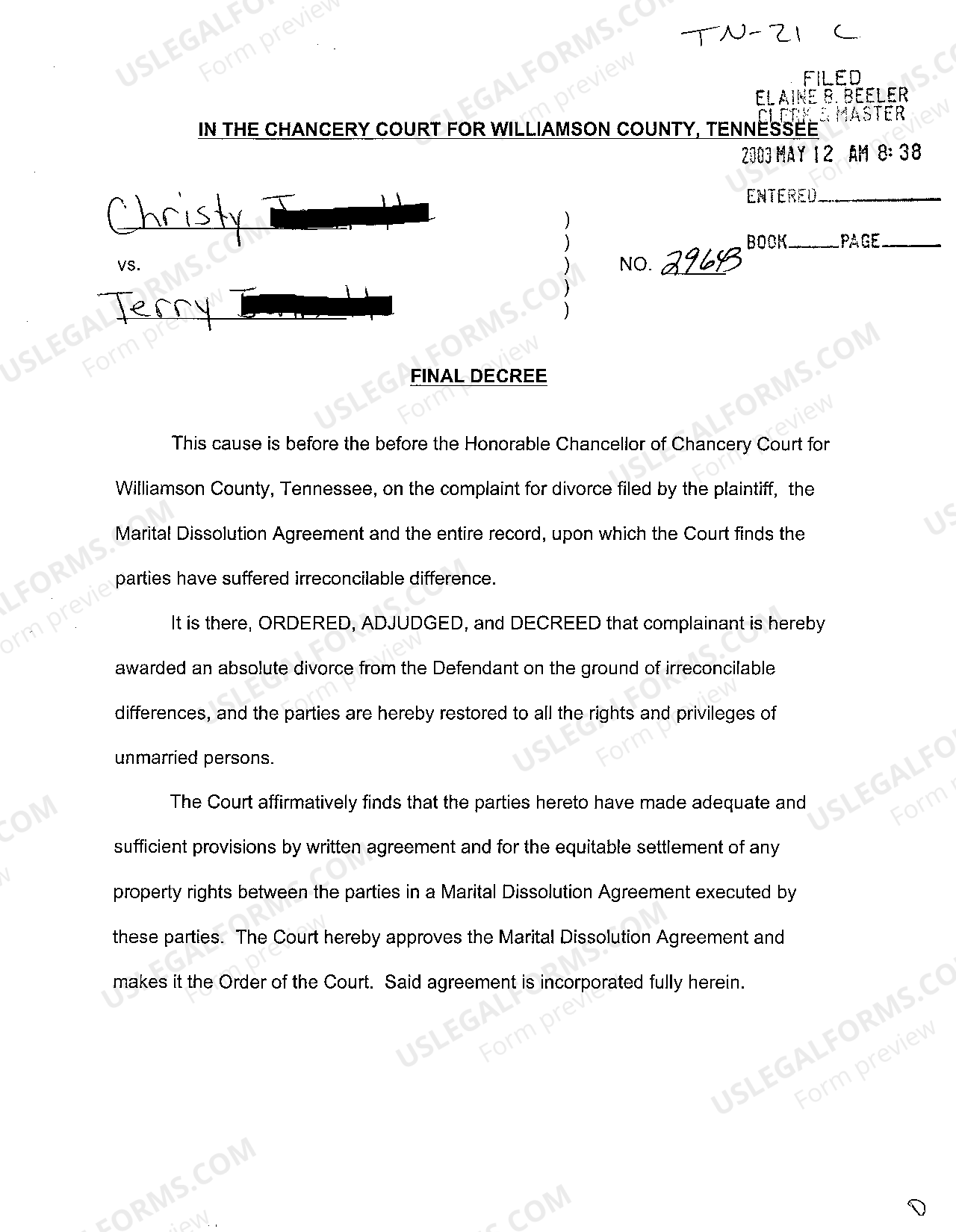 Tennessee Final Decree for Divorce Based Upon Irreconcilable ...