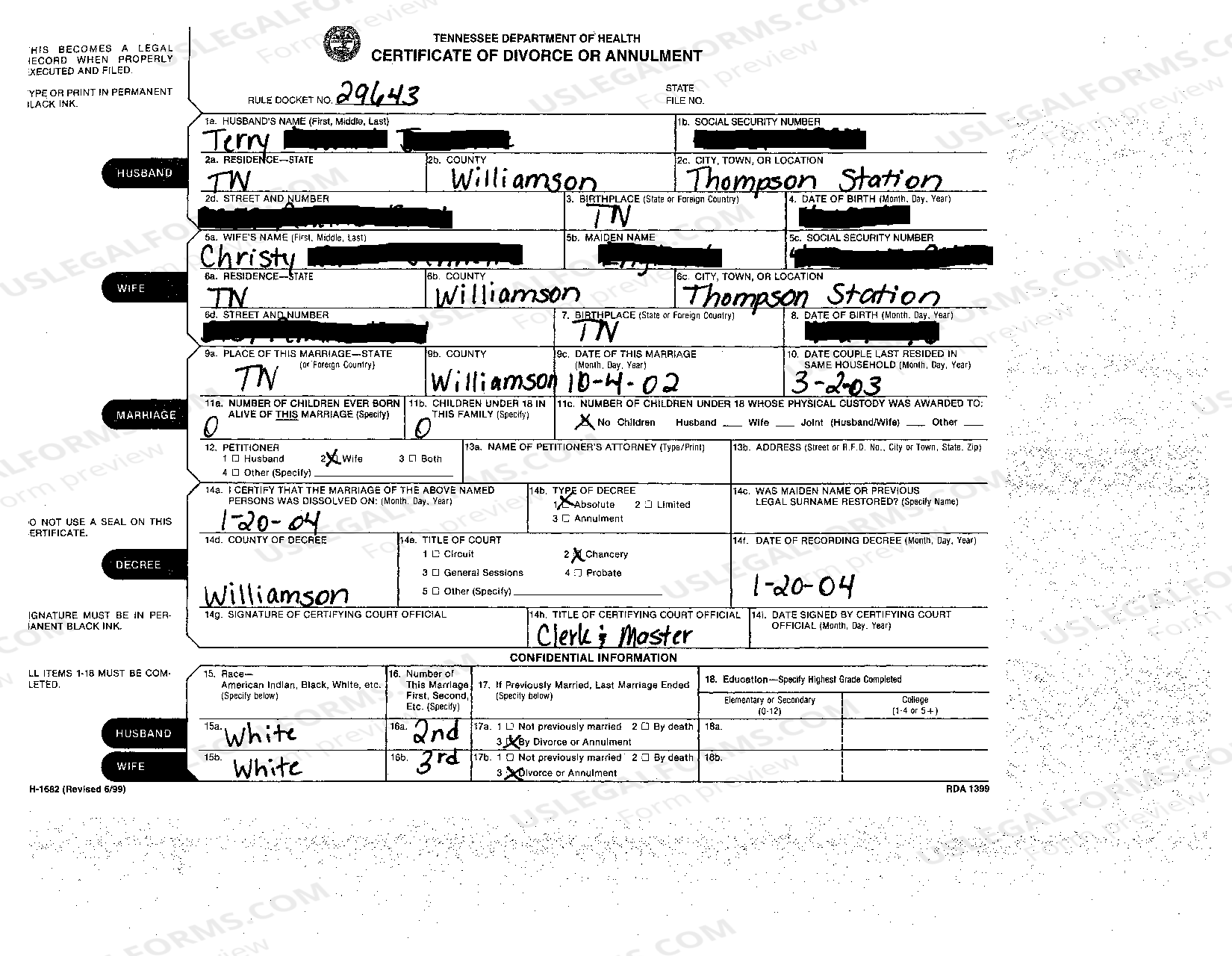 Tennessee Final Decree for Divorce Based Upon Irreconcilable ...