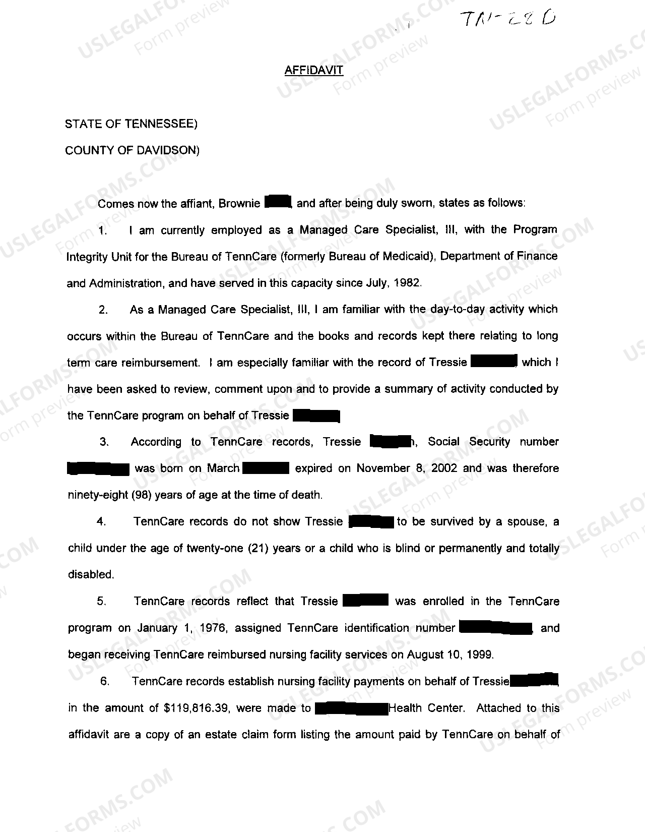 Tennessee Affidavit regarding business records and billing - Business ...