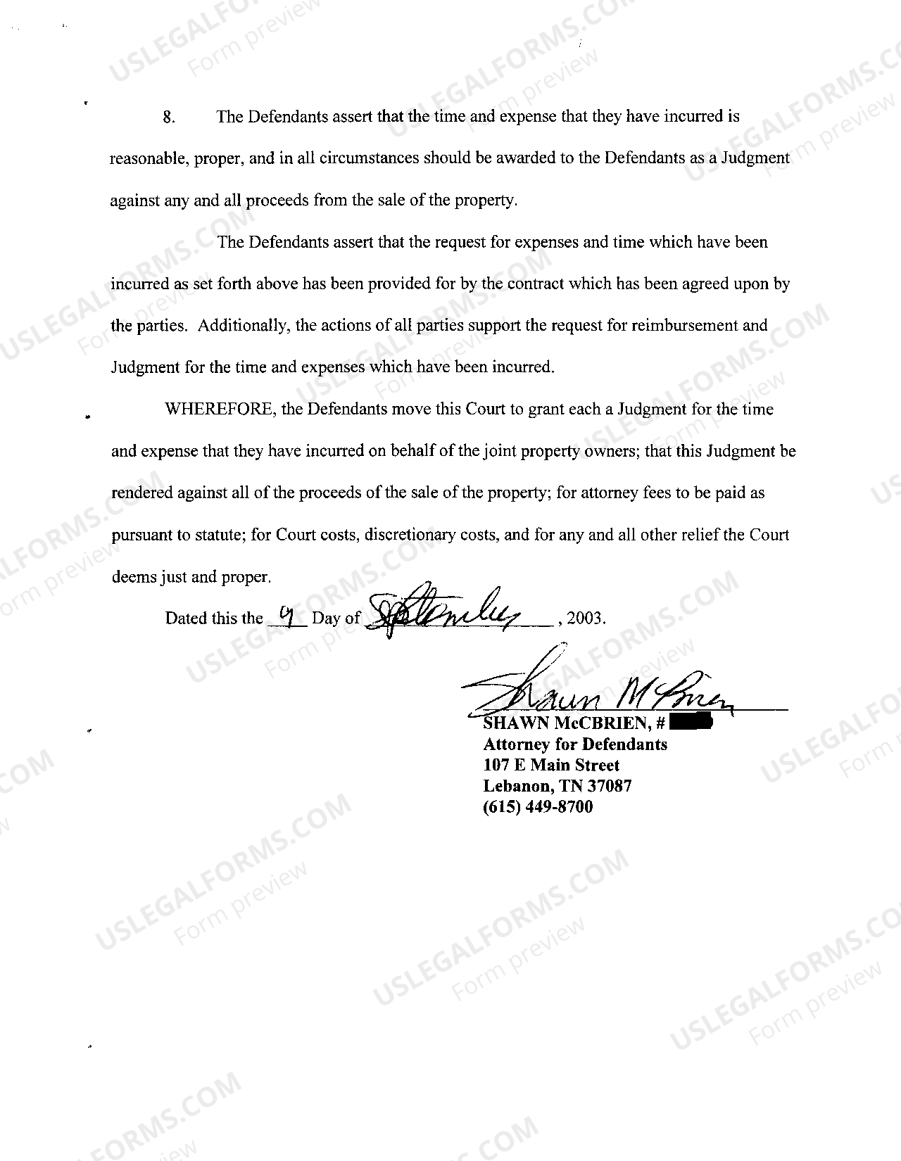 Tennessee Answer and Counter Complaint to Complaint For Partition of ...
