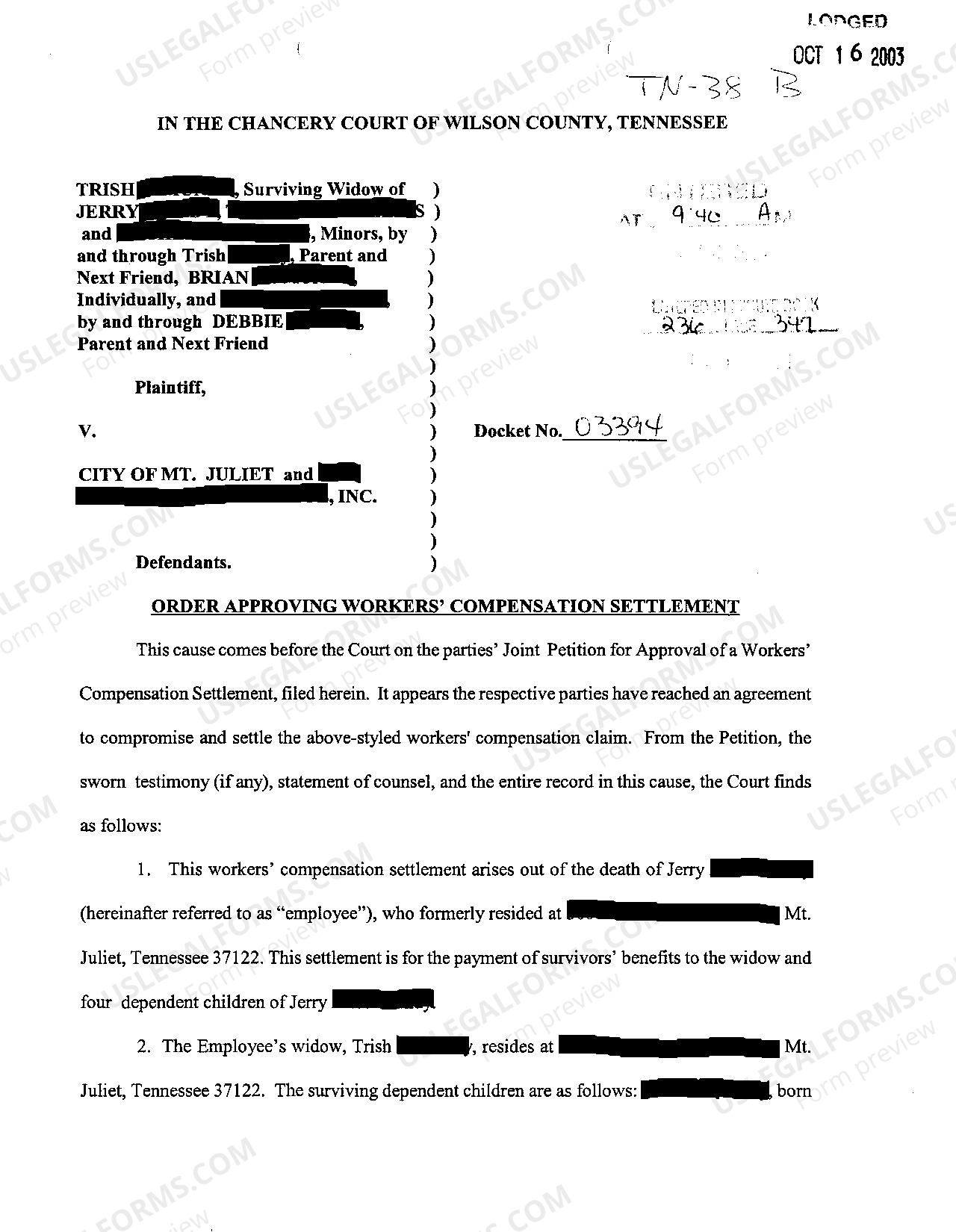 Tennessee Order Approving Workers Compensation Settlement - Tennessee Workers Compensation Forms ...