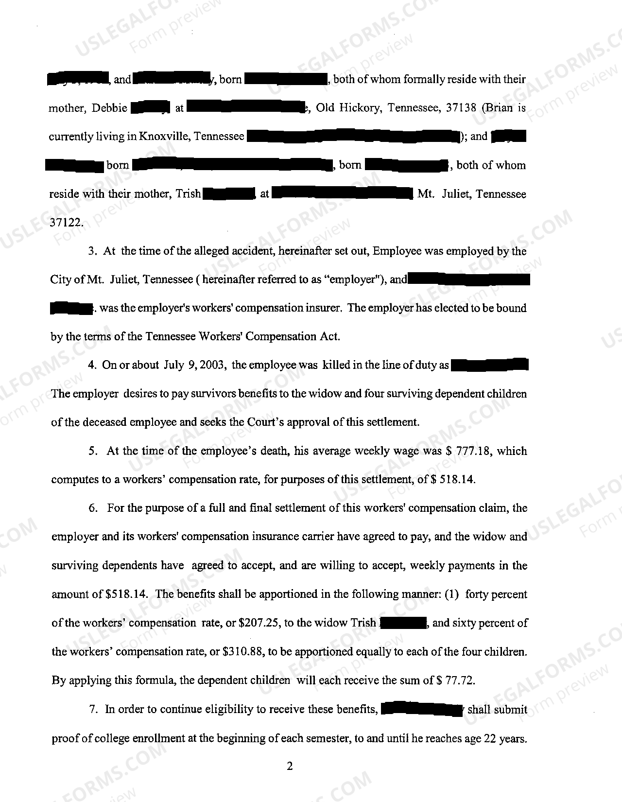 Tennessee Order Approving Workers Compensation Settlement | US Legal Forms