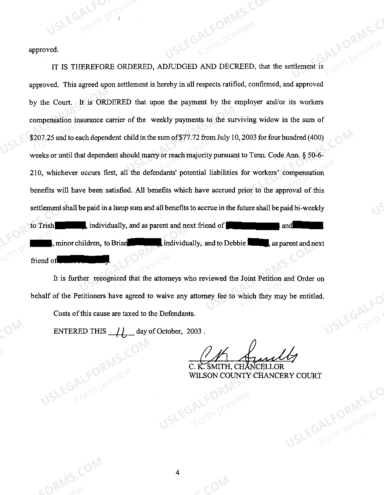 Tennessee Order Approving Workers Compensation Settlement | US Legal Forms