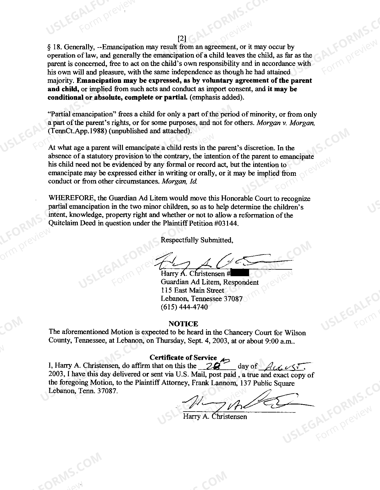 Tennessee Motion For Partial Emancipation of Minor Child - Tennessee ...