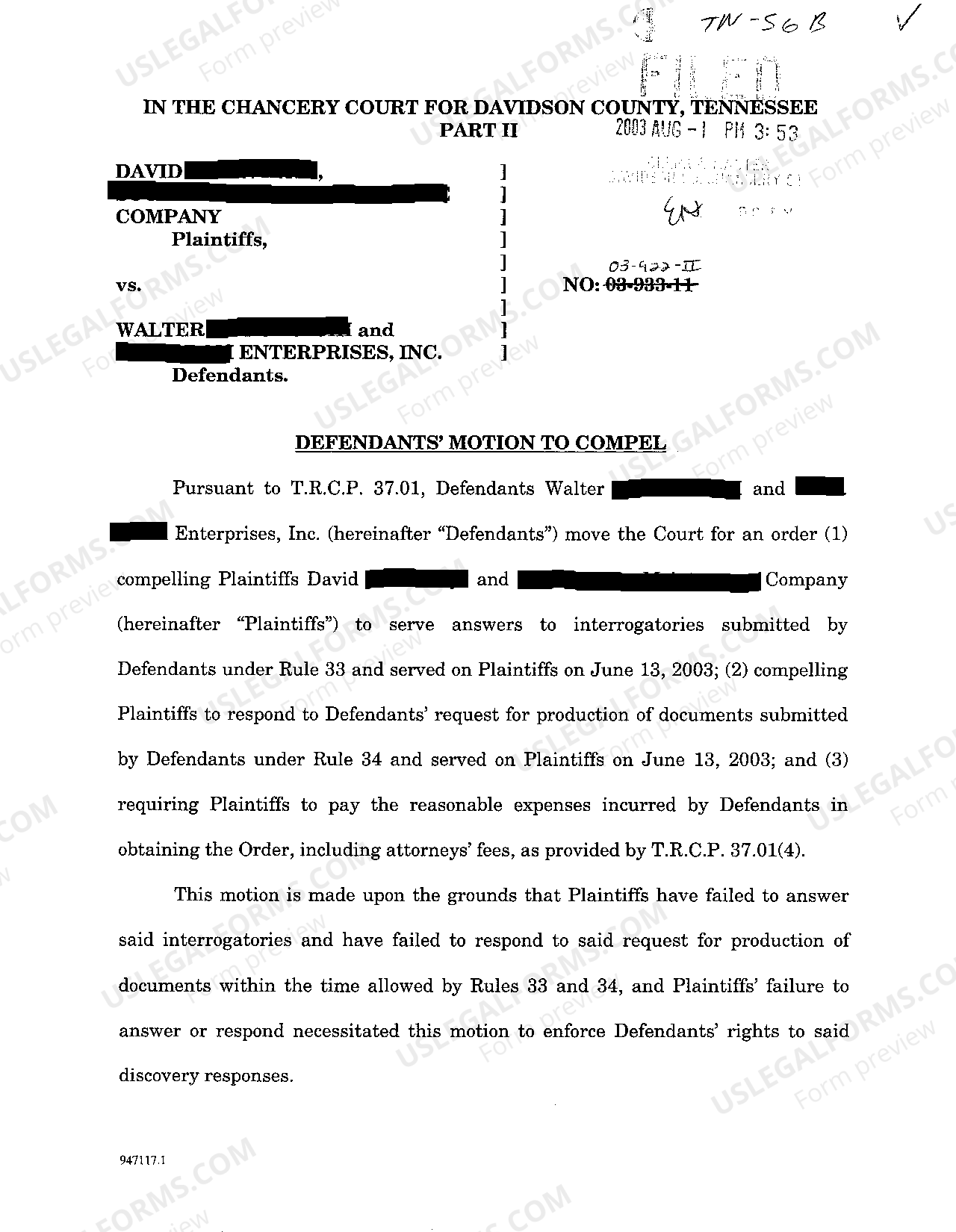 Tennessee Defendants Motion To Compel | US Legal Forms