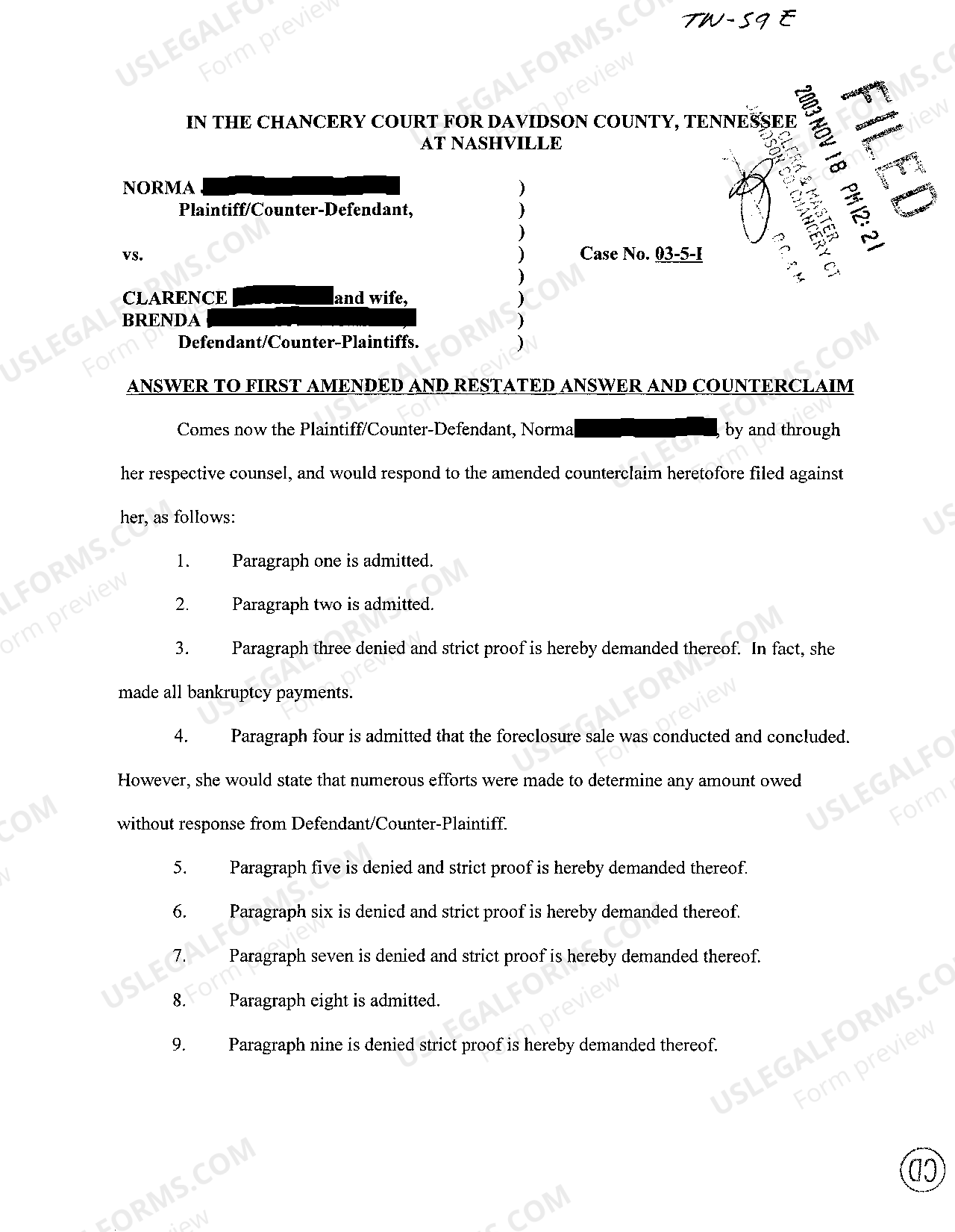 Tennessee Answer To First Amended And Restated Answer | US Legal Forms