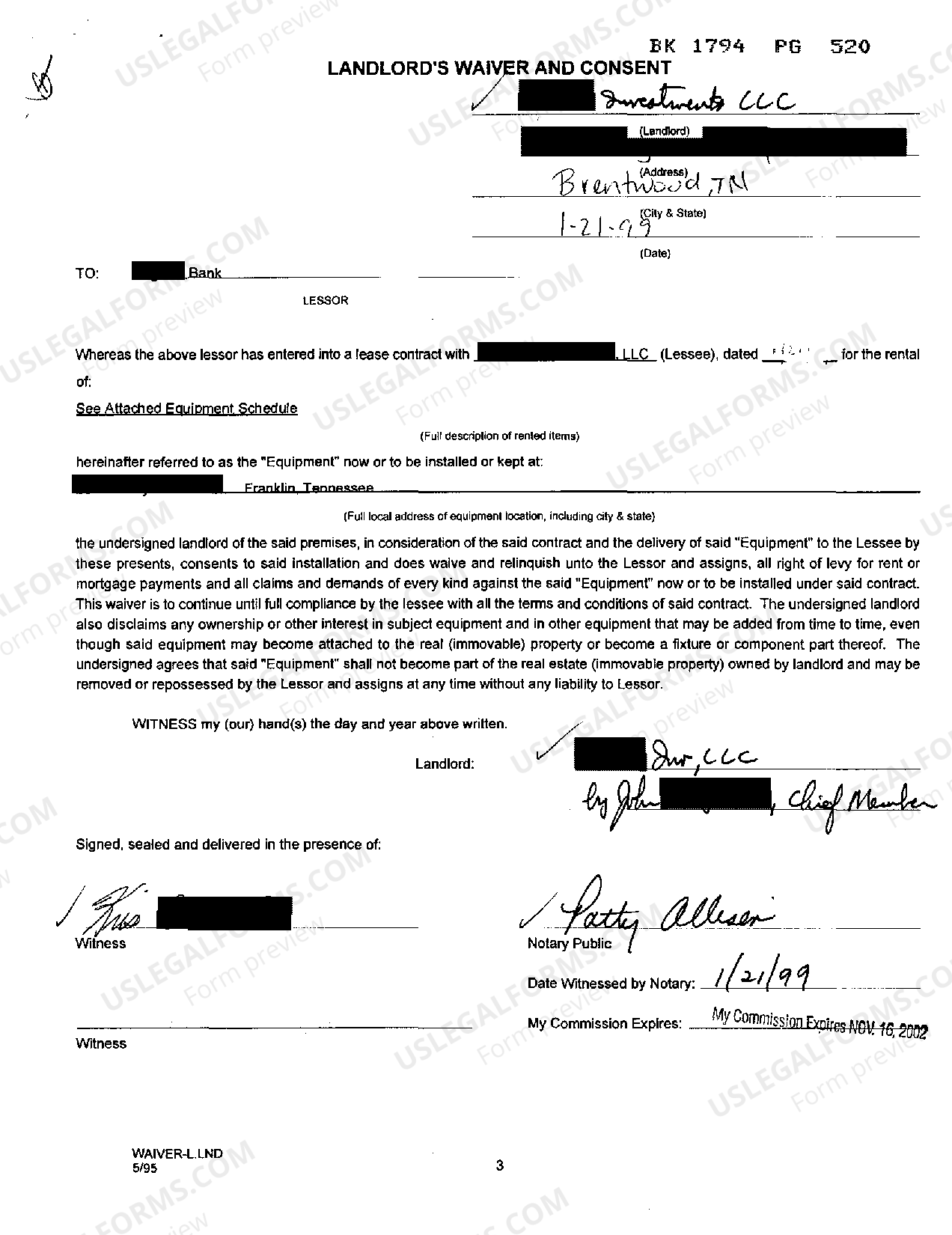 Tennessee Landlords Waiver And Consent to Installation of Equipment on Leased Premises ...