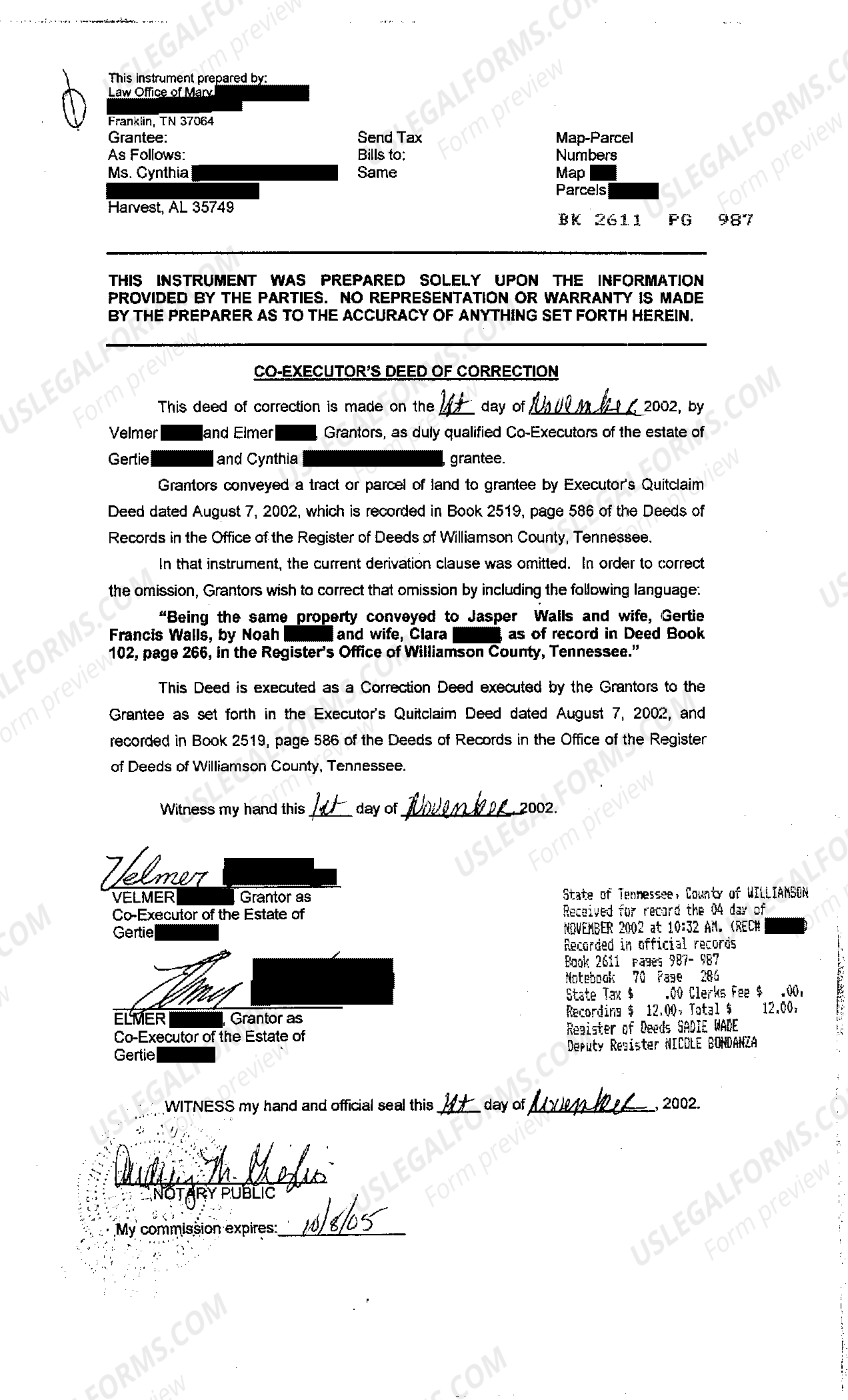 Tennessee Co-Executor's Deed of Correction - Correction Deed Form | US Legal Forms