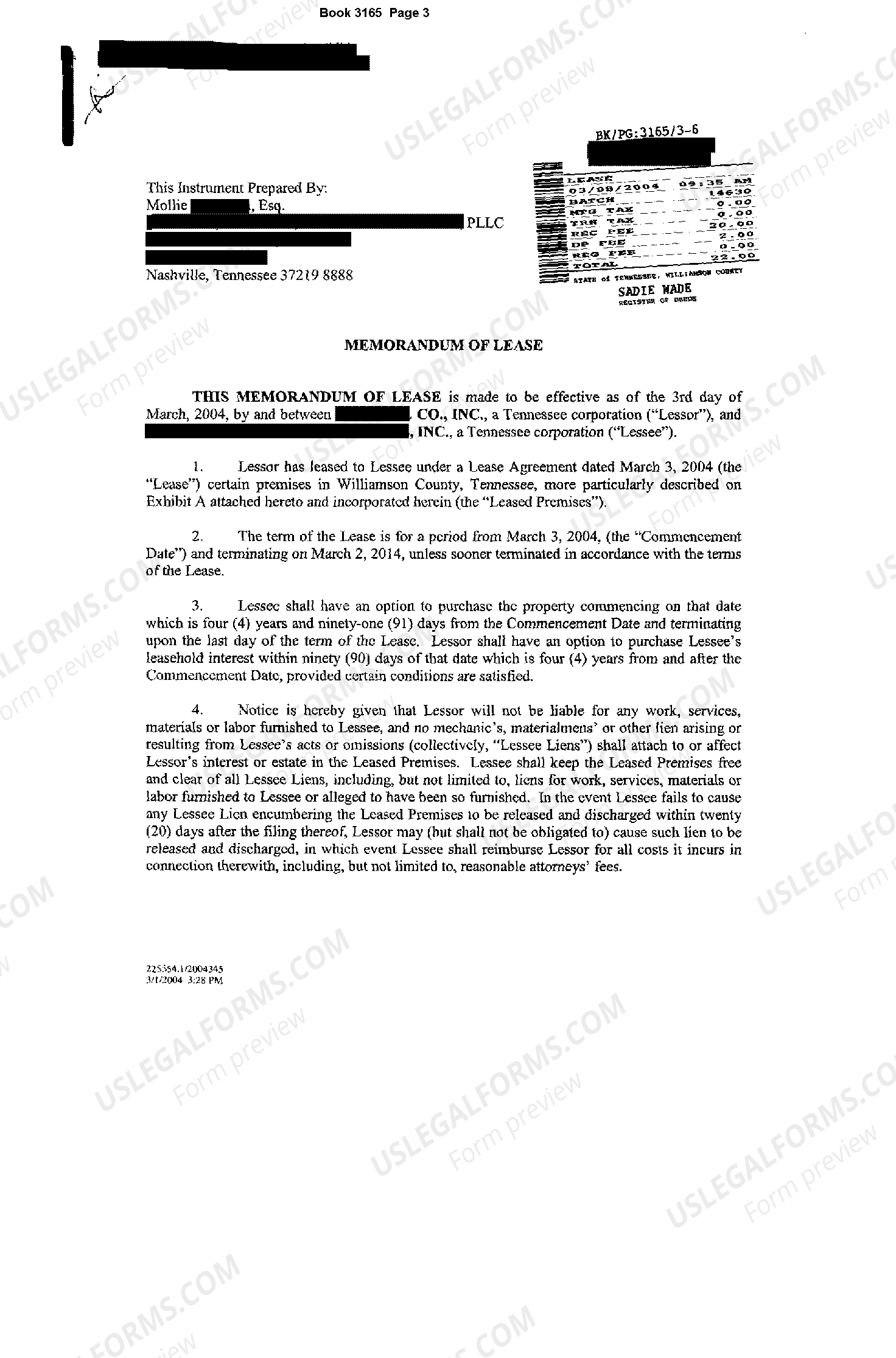 Tennessee Gas Station Lease Memorandum - Sample - Gas Station On Lease ...