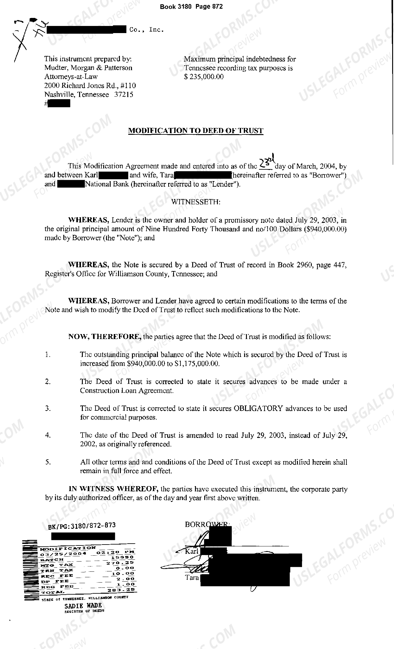 Tennessee Change or Modification to Deed of Trust to Increase Principal ...