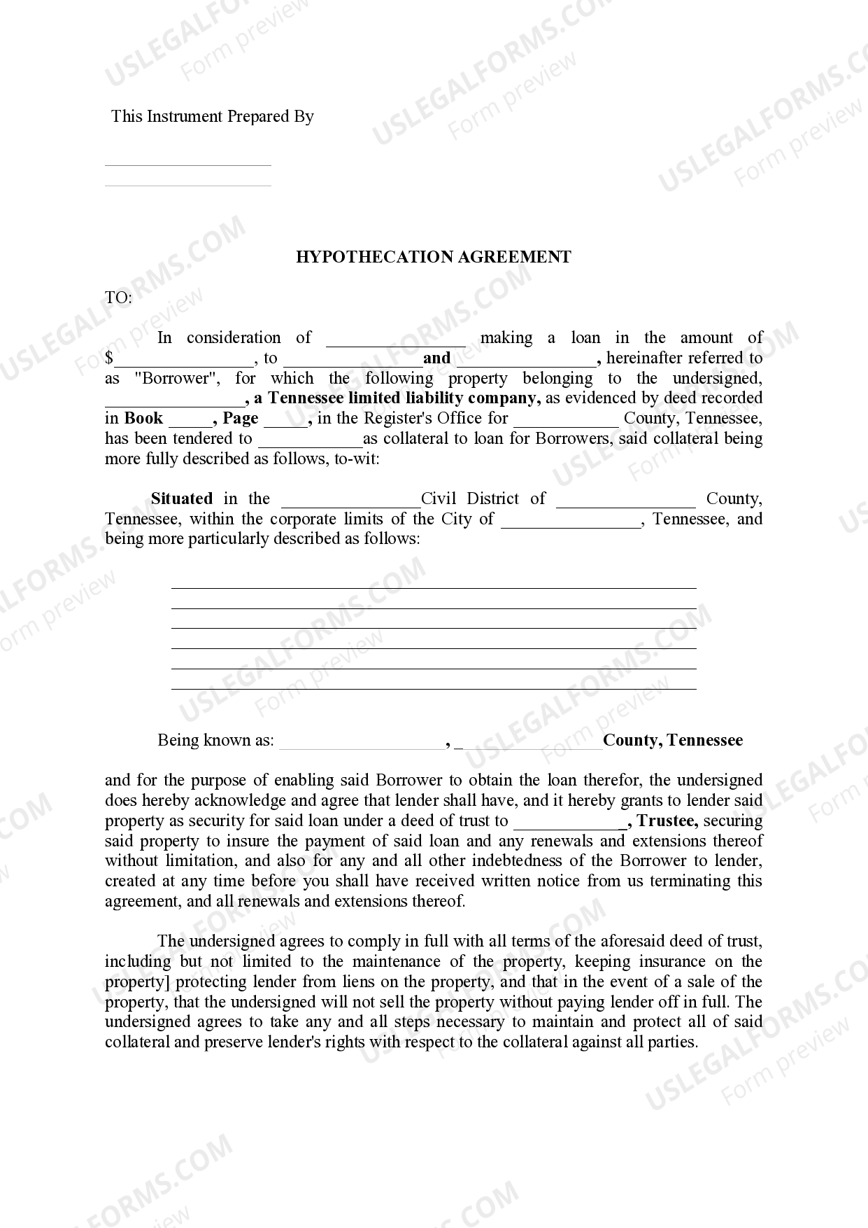 Tennessee Hypothecation Agreement - Hypothecation Agreement Template ...