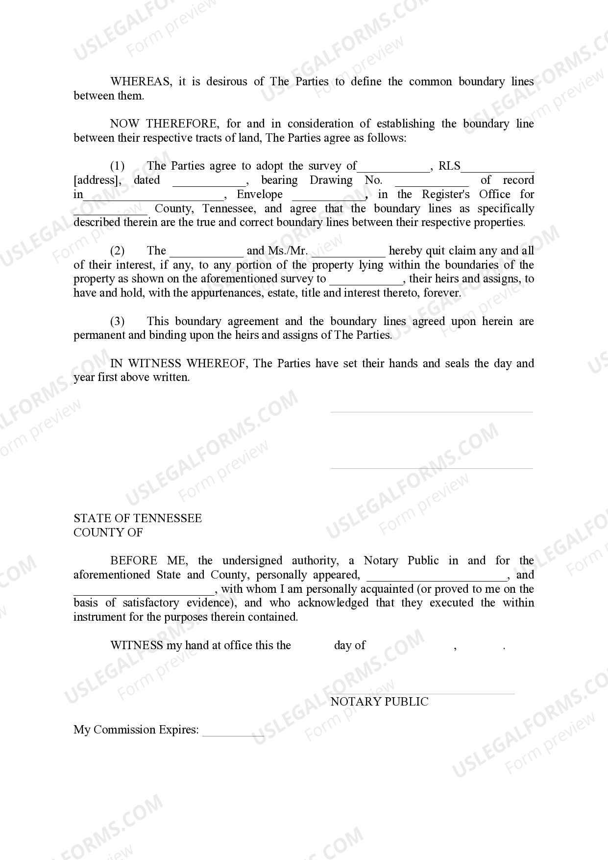 Tennessee Boundary Line Agreement - Boundary Line Agreement | US Legal ...