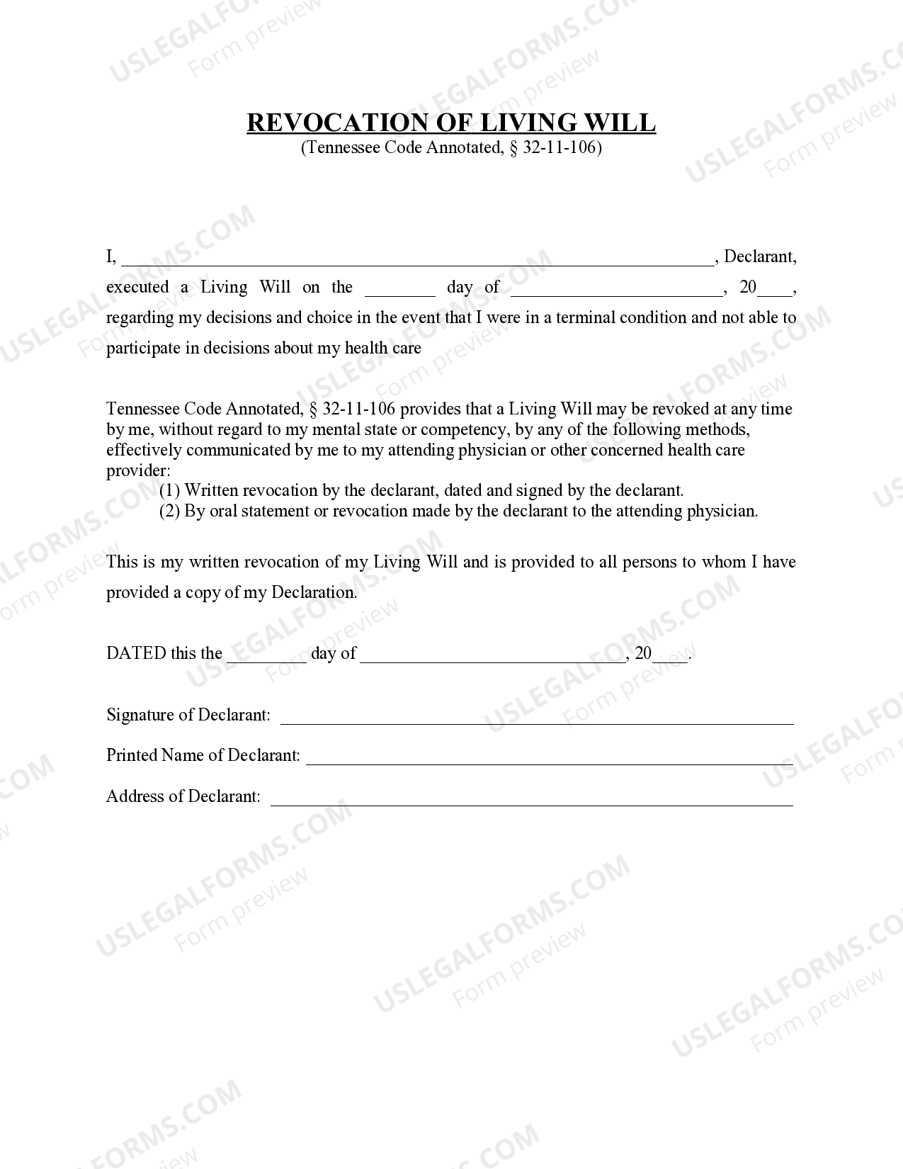 Tennessee Revocation of Statutory Living Will - Living Will And Power ...