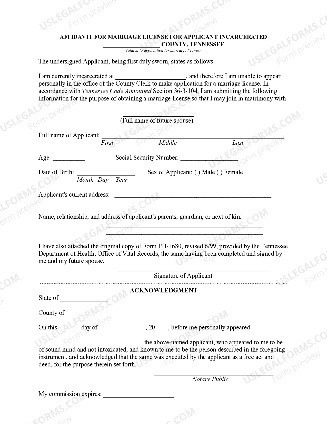 Tennessee Affidavit for Marriage License for Applicant Incarcerated ...