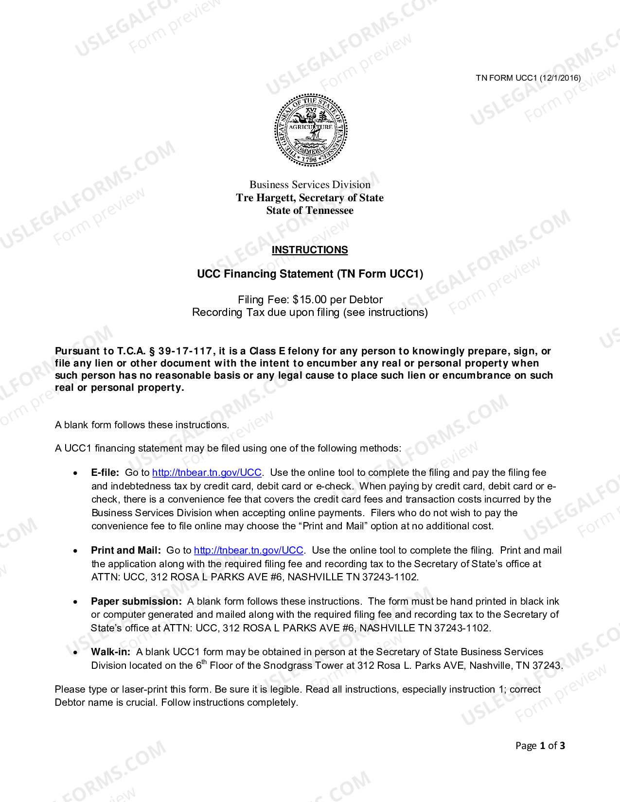 Tennessee UCC1 Financing Statement - Tennessee Ucc Statement Request ...