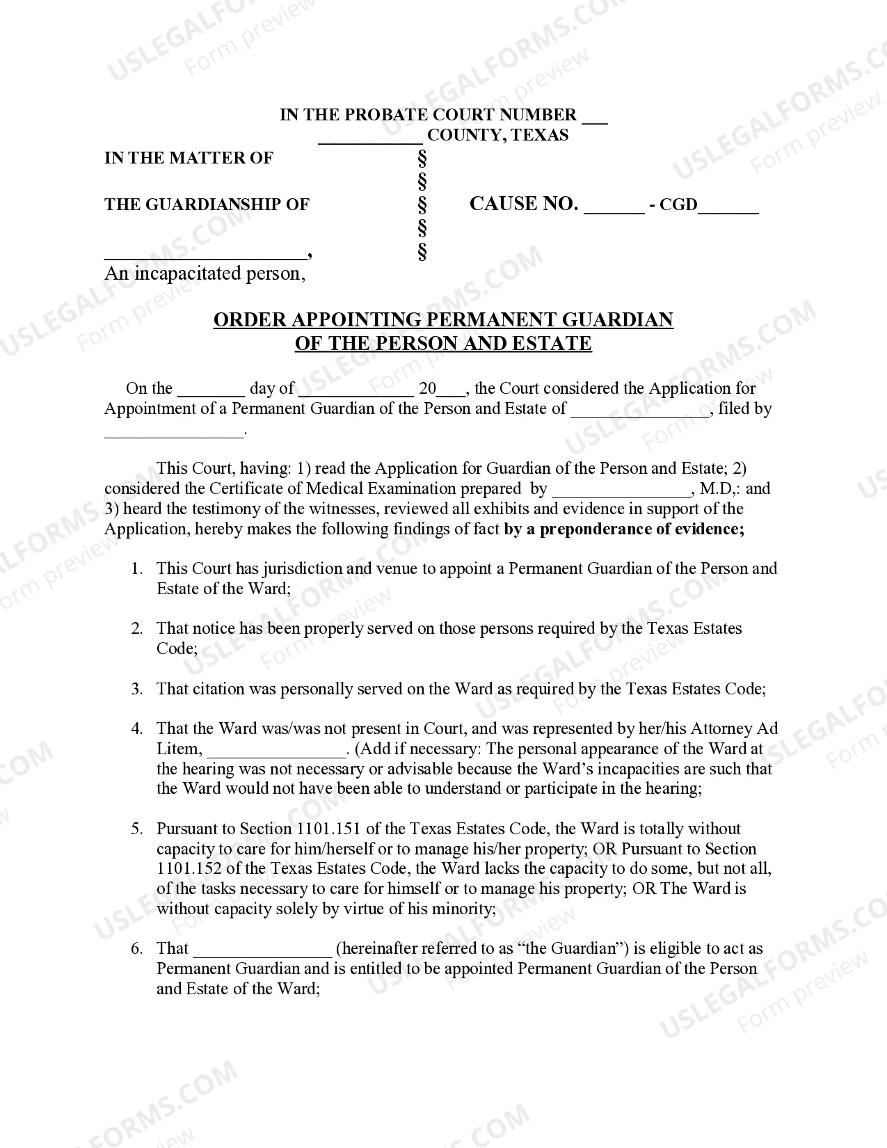 Texas Order Appointing Permanent Guardian of the Person and Estate | US ...