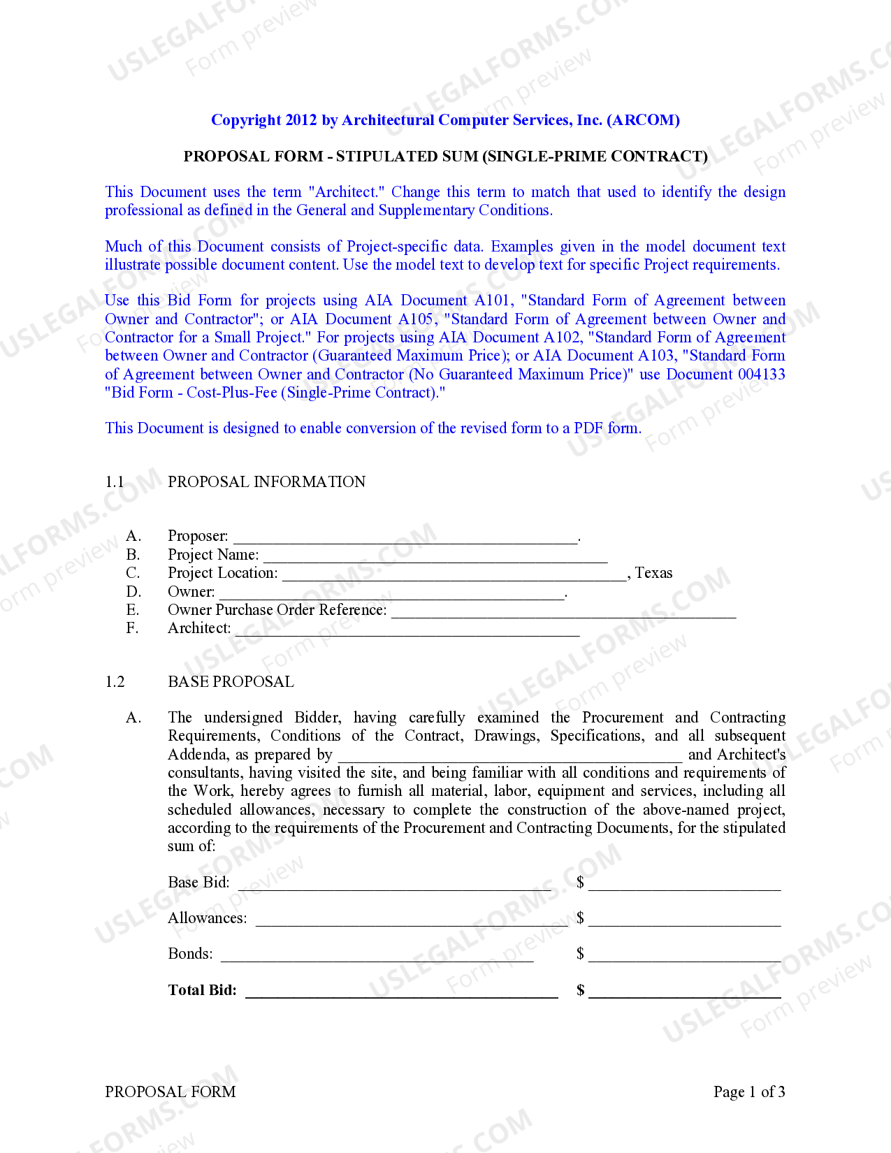 Texas Proposal Form for Stipulated Sum in Single Prime Contract | US ...
