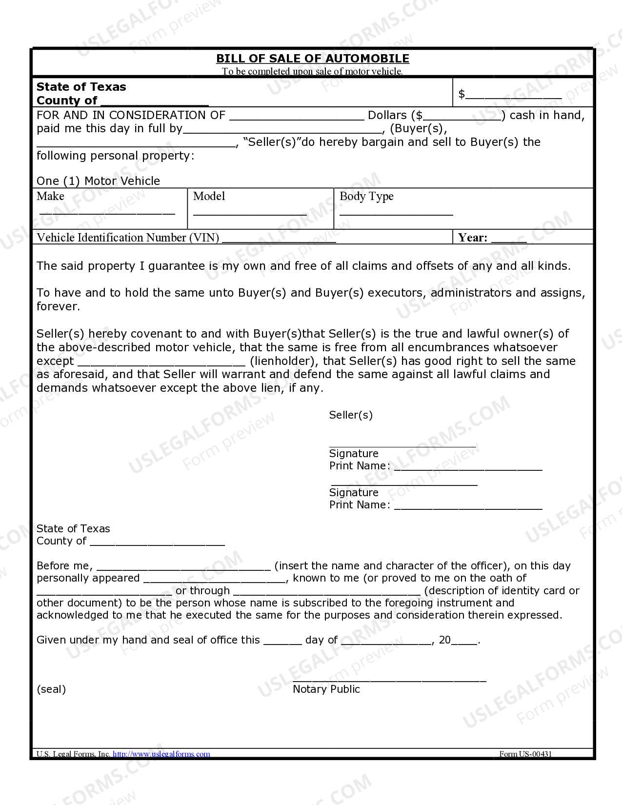 Texas Bill of Sale of Automobile and Odometer Statement - Texas ...