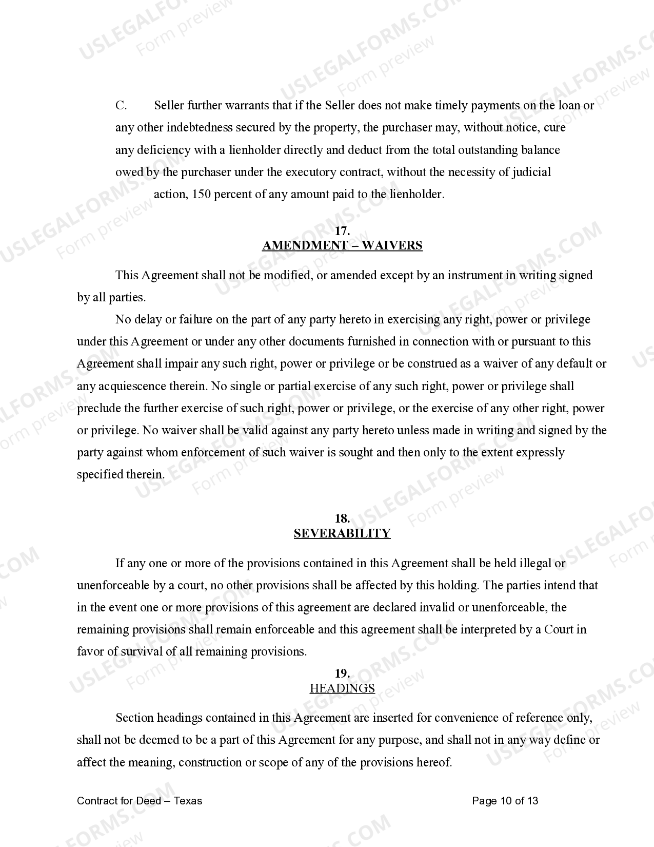 Texas Agreement or Contract for Deed a/k/a Land or Executory Contract ...