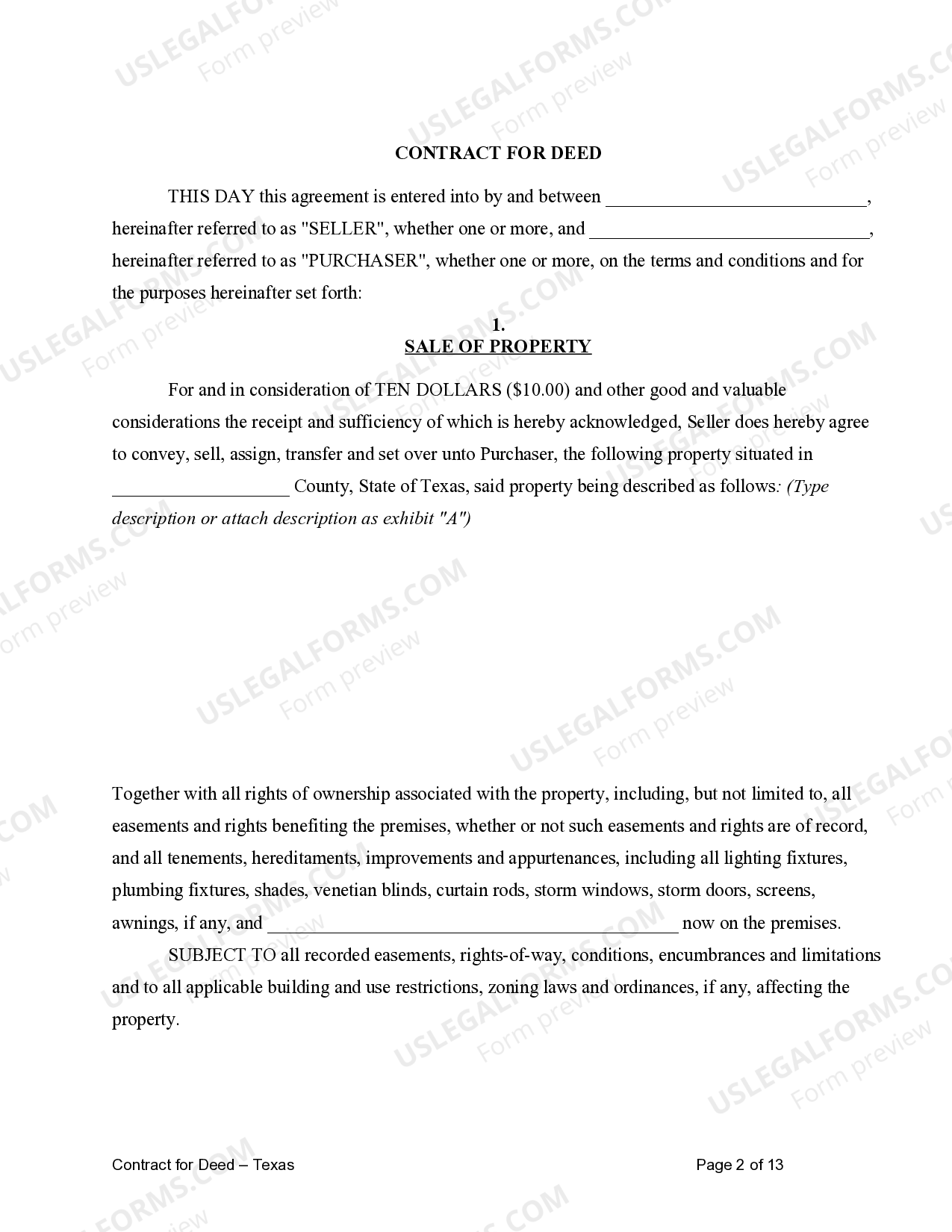 Texas Agreement or Contract for Deed a/k/a Land or Executory Contract - Agreement Contract Deed ...