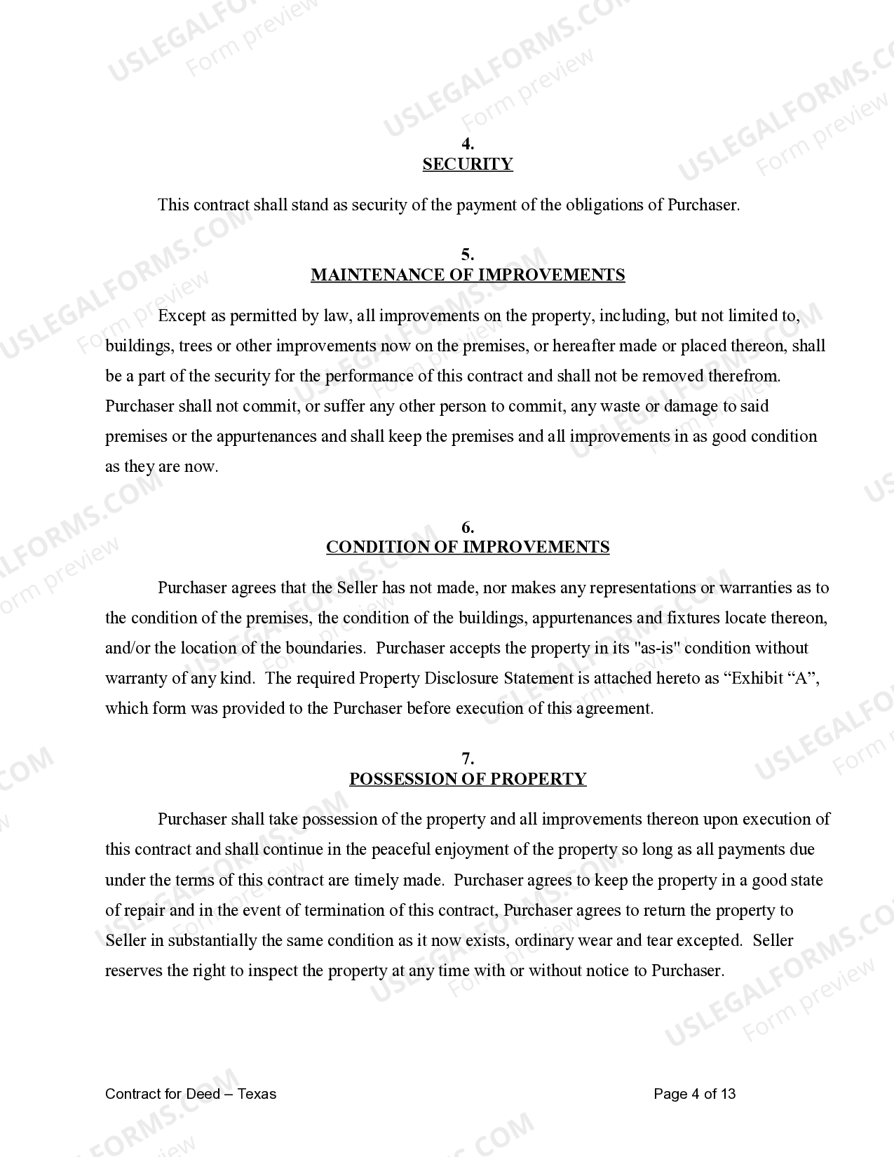 Texas Agreement or Contract for Deed a/k/a Land or Executory Contract - Agreement Contract Deed ...