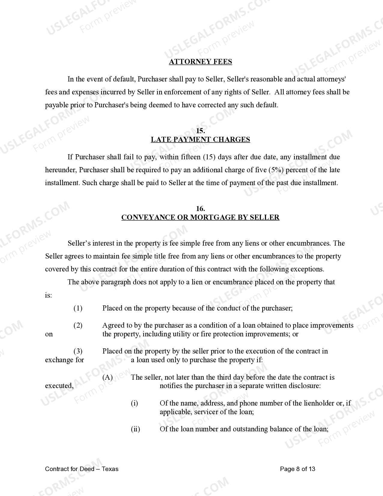 Texas Agreement or Contract for Deed a/k/a Land or Executory Contract - Residential Only | US ...
