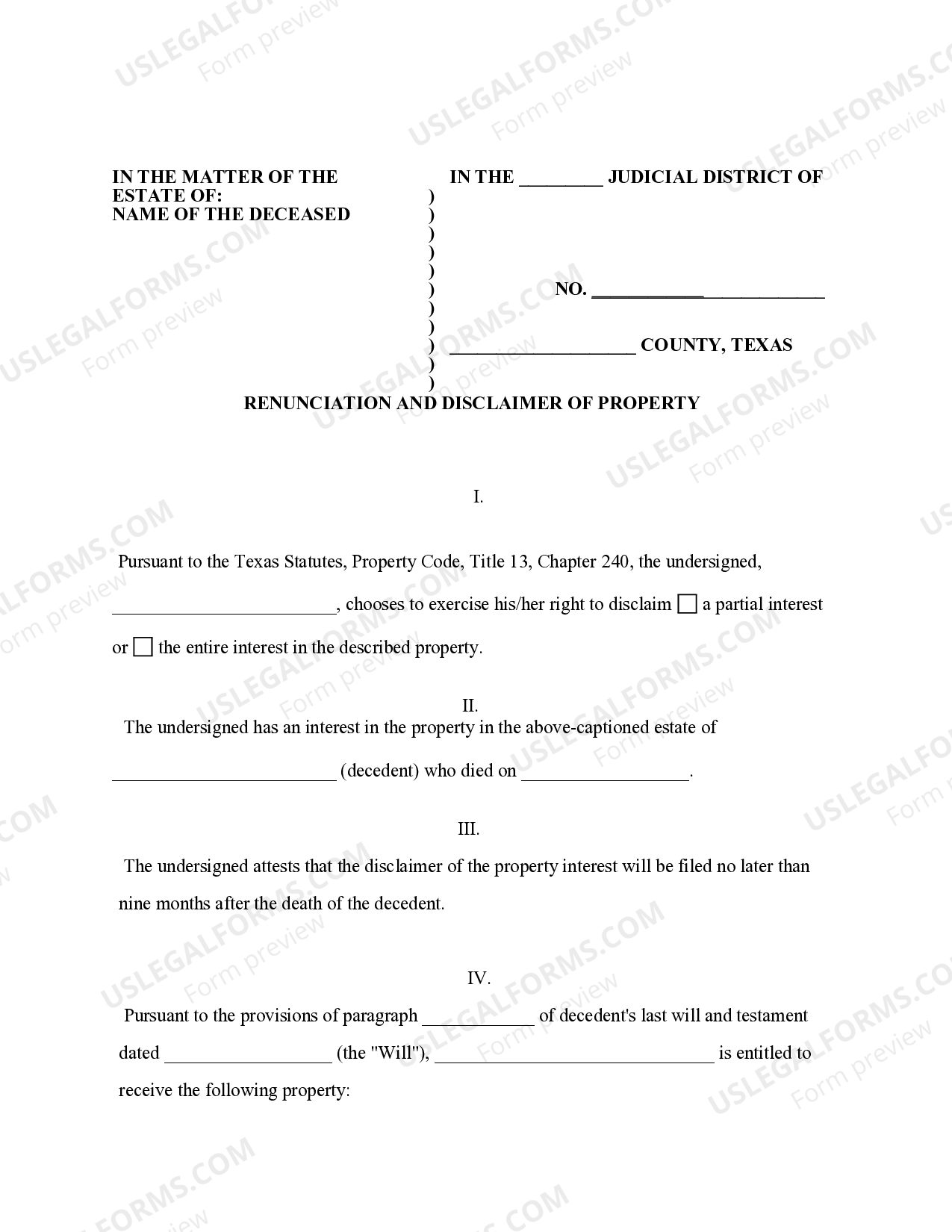Texas Renunciation And Disclaimer of Property from Will by Testate ...