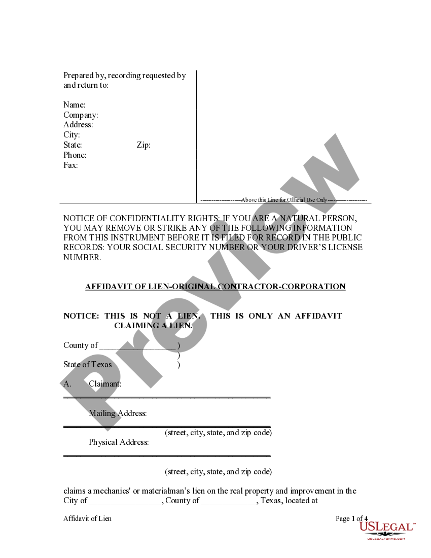 Austin Texas Affidavit Of Claim Of Lien By Contractor Mechanics Liens 