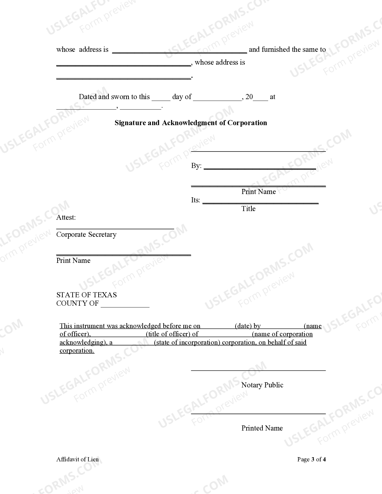 Texas Affidavit of Claim of Lien by Contractor - Mechanics Liens ...