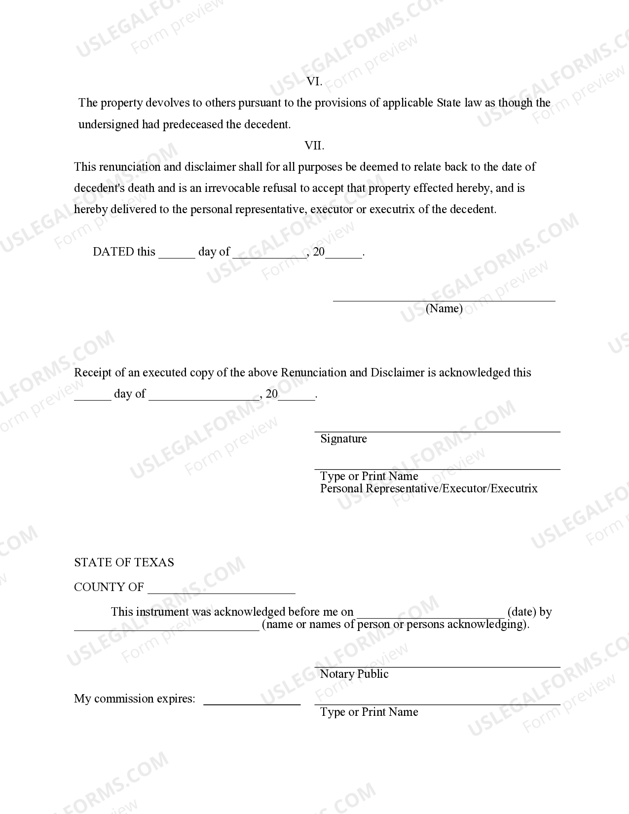 Texas Renunciation And Disclaimer of Property received by Intestate ...