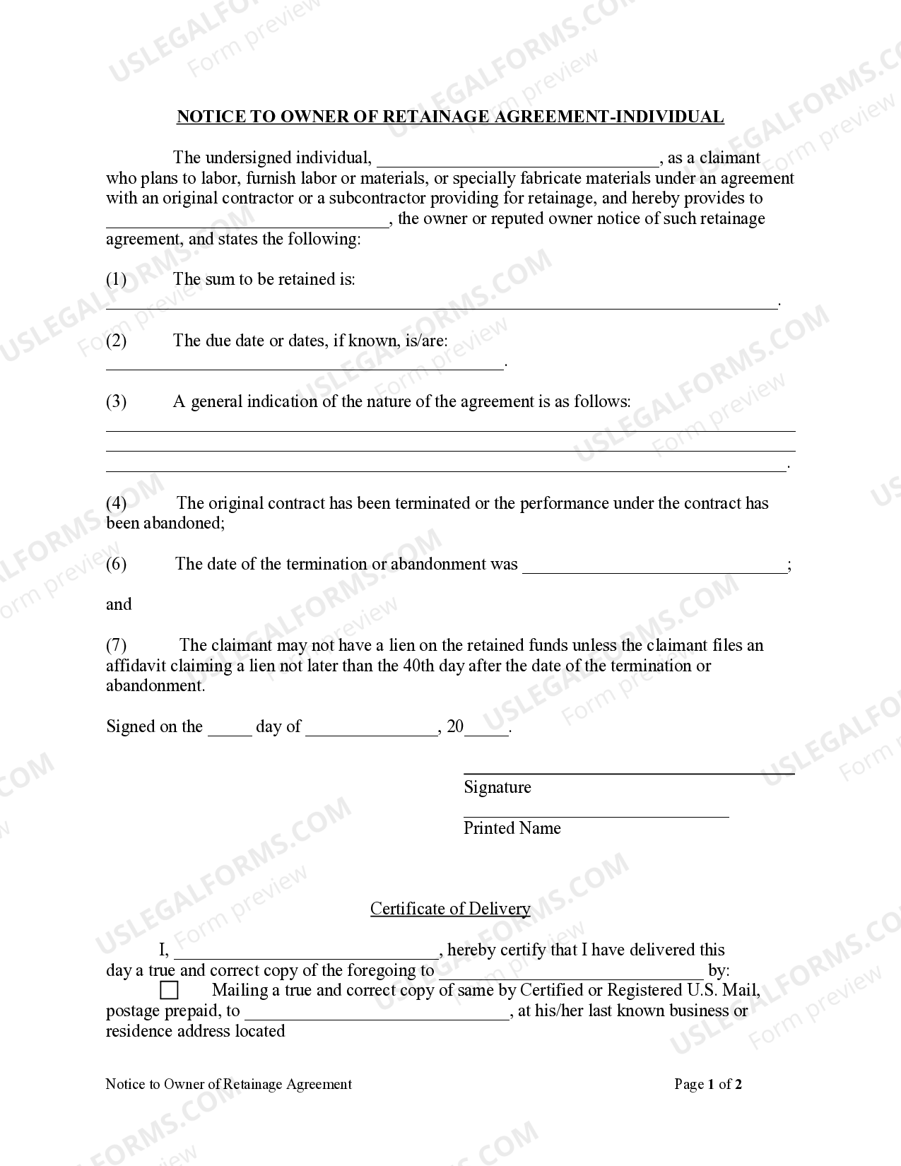 Texas Notice to Owner of Retainage Agreement - Individual - Retainage ...