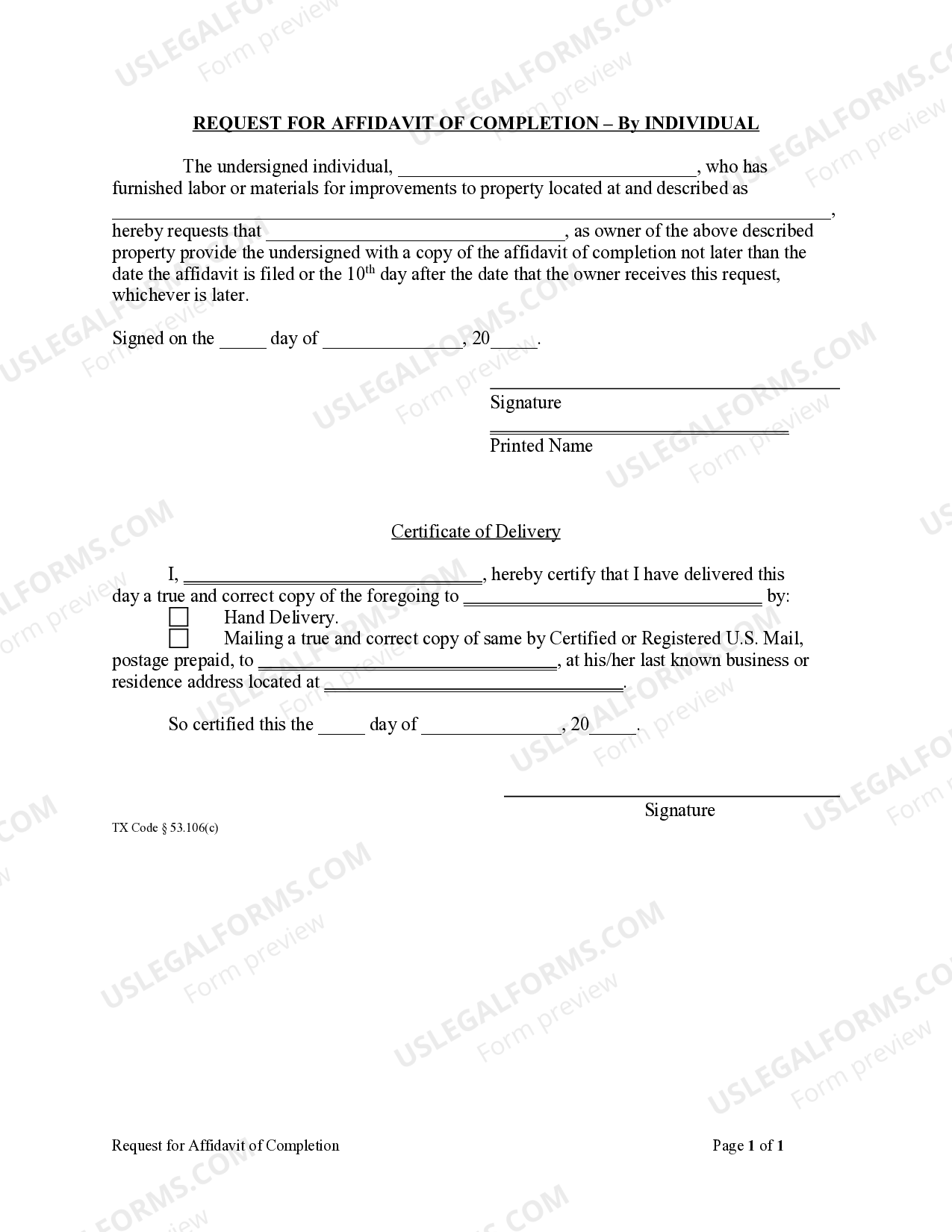 Texas Request For Affidavit Of Completion Individual Texas Texas Request For Affidavit Of Completion Individual Texas