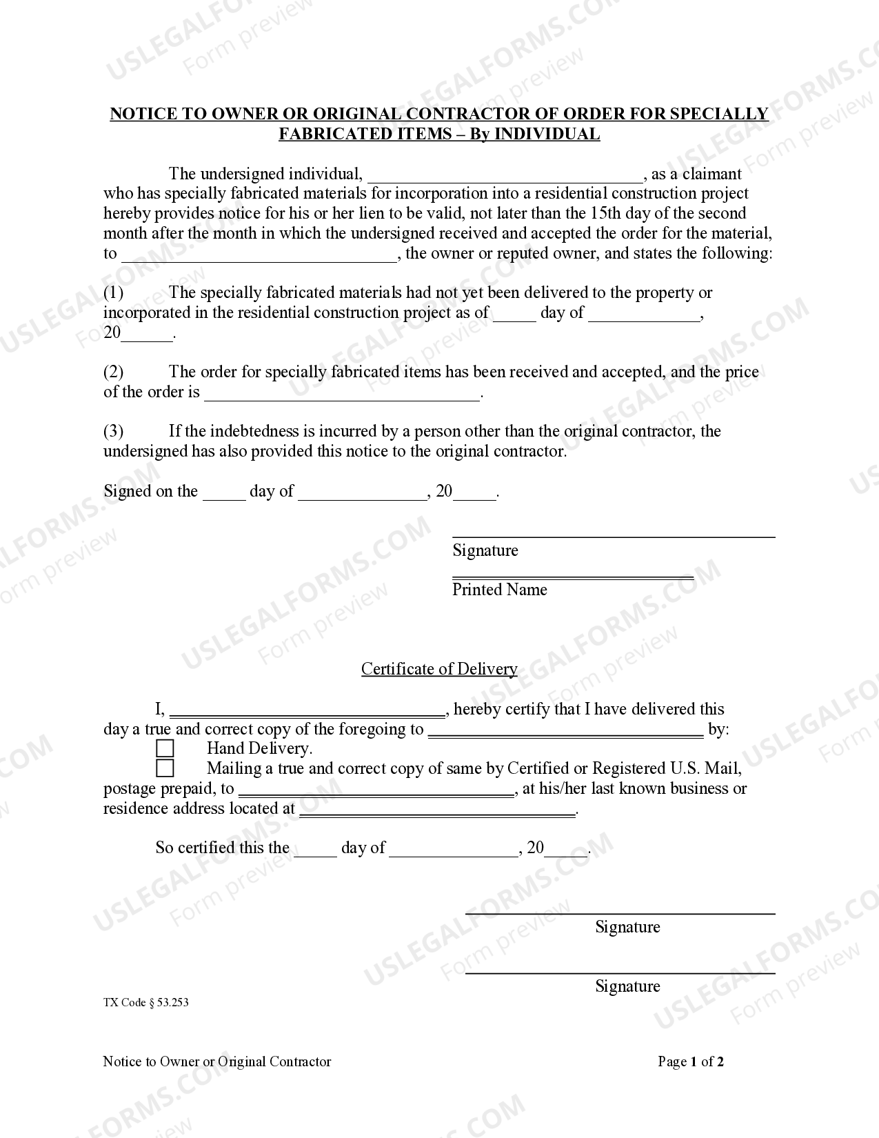 Texas Notice to Owner or Original Contractor of Order for Specially ...
