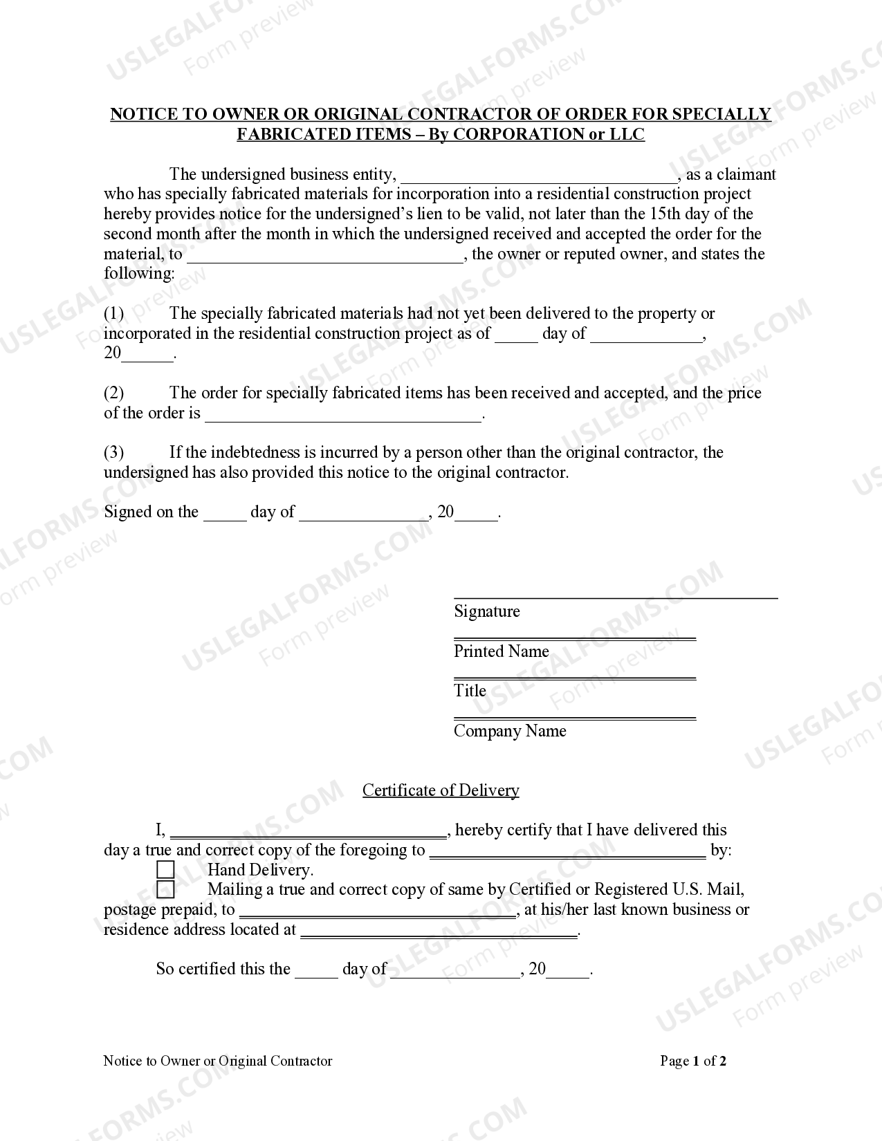 Texas Notice to Owner or Original Contractor of Order for Specially ...