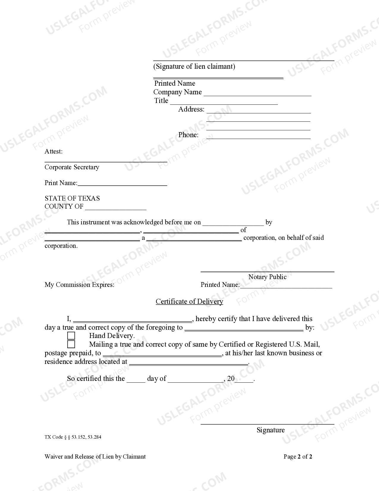 Texas Unconditional Waiver and Release of Lien on Progress Payment by a ...