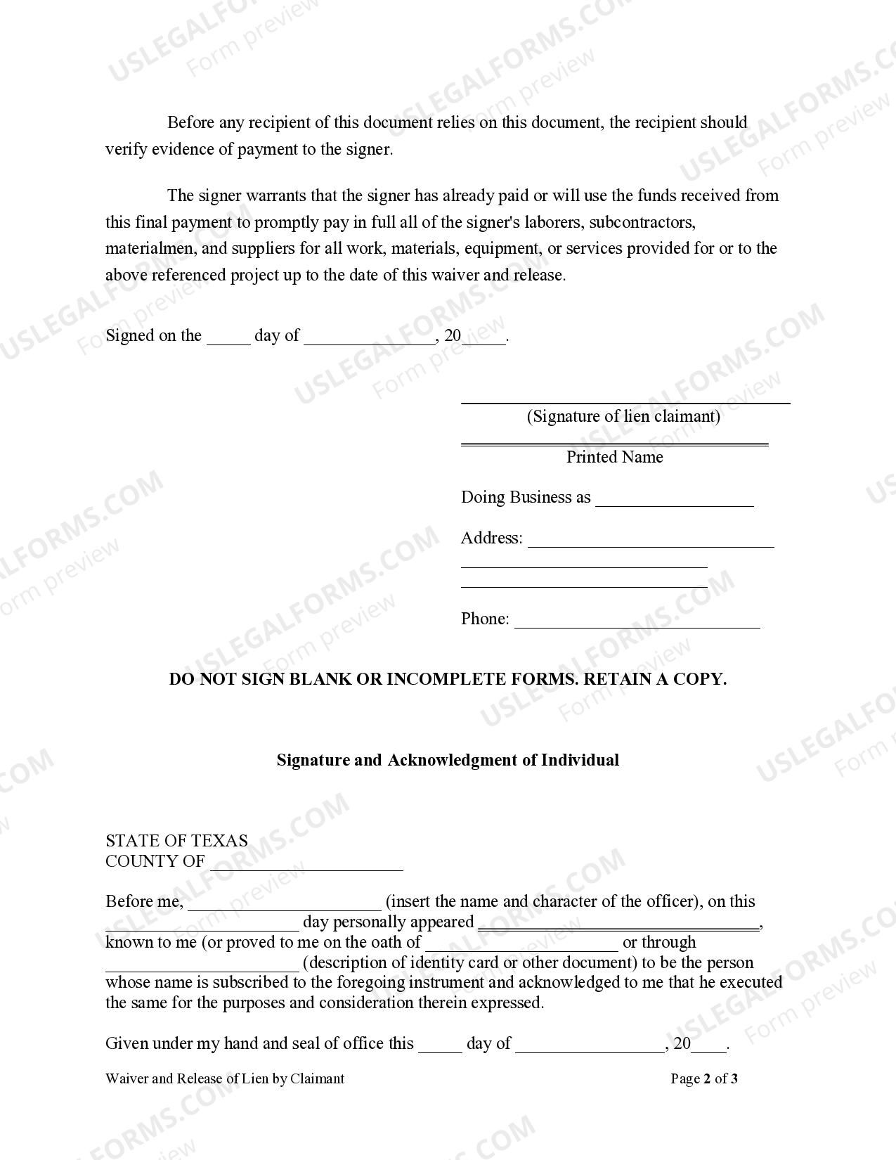 Texas Conditional Waiver and Release of Lien on Final Payment by an ...