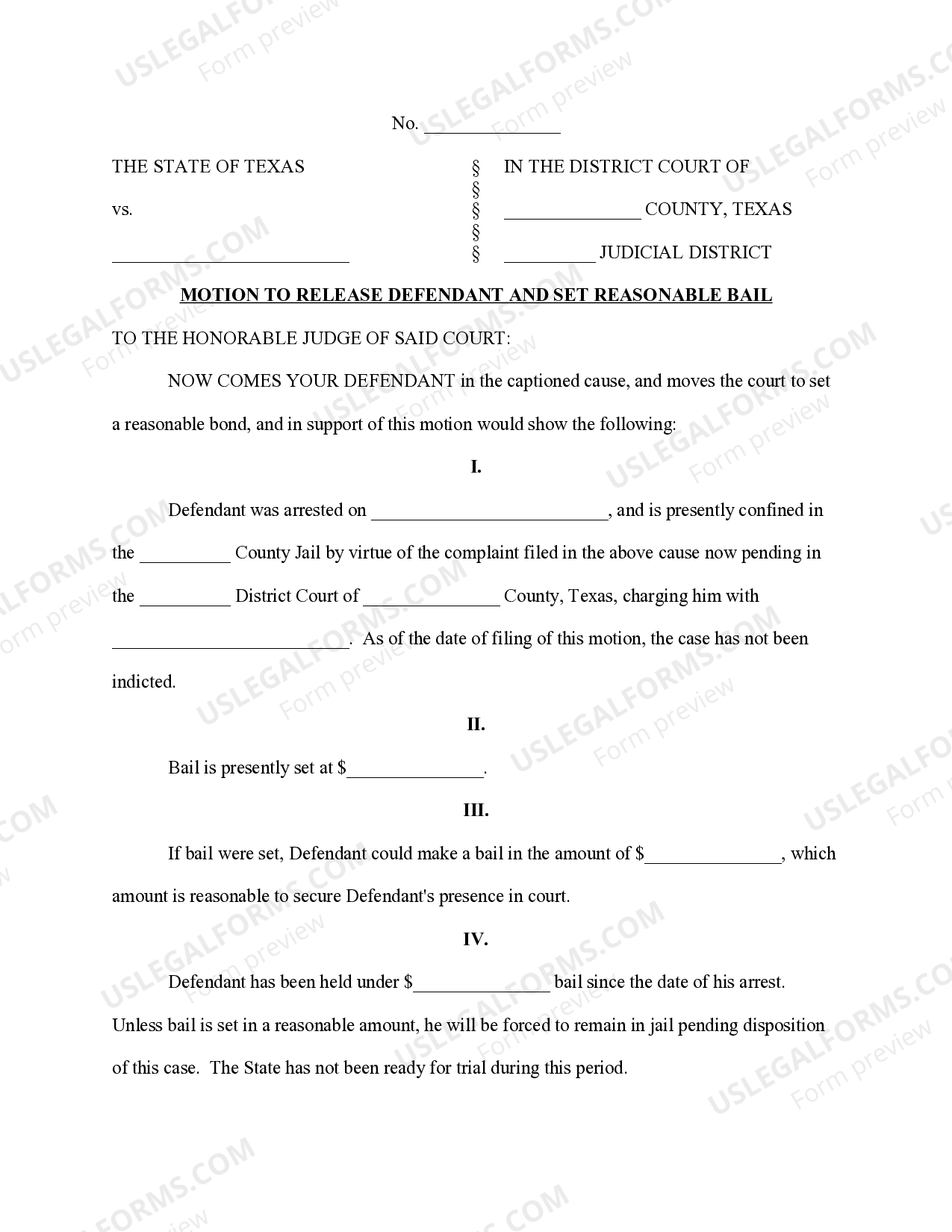 Texas Motion to Release Defendant and Set Reasonable Bail | US Legal Forms