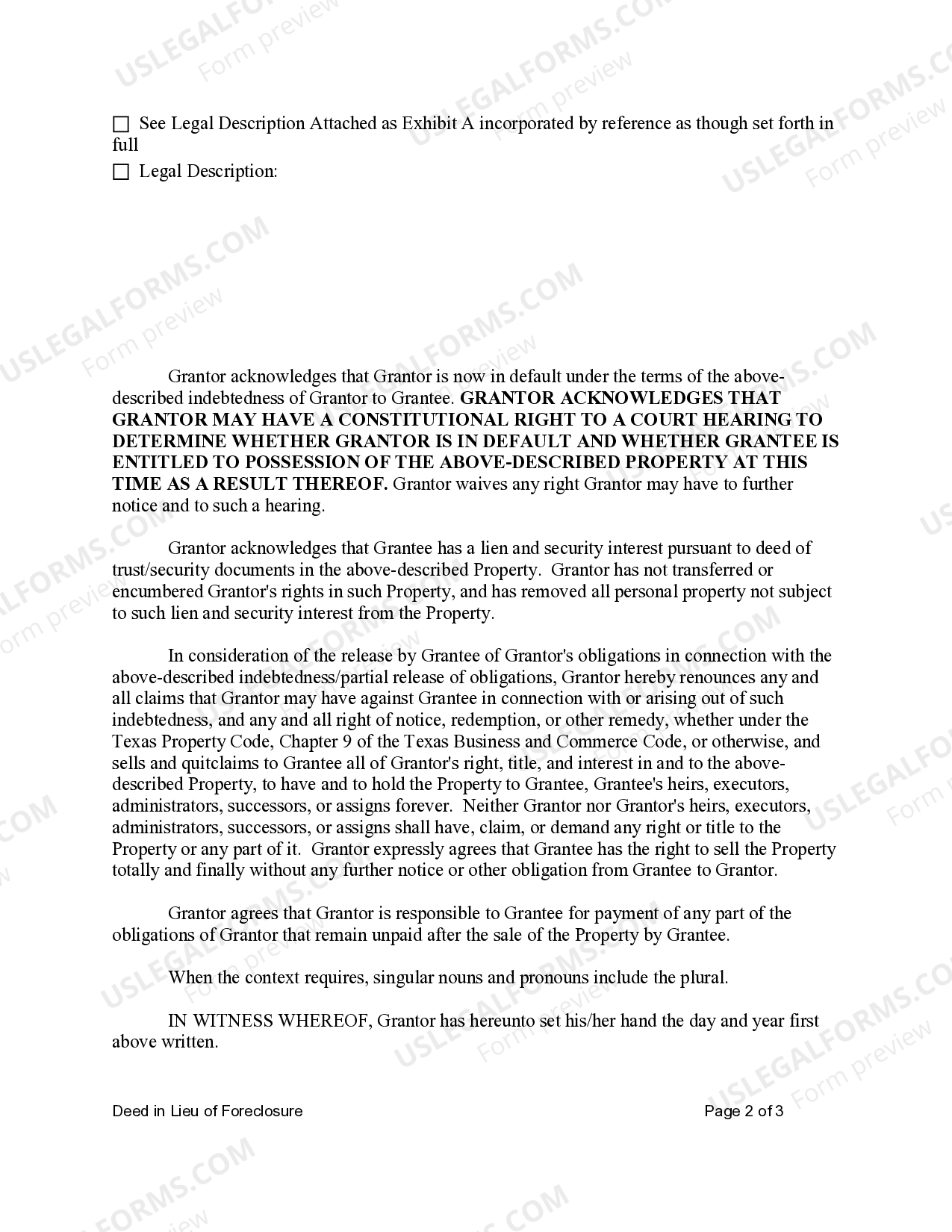 Texas Deed in Lieu of Foreclosure - Deed In Lieu Texas | US Legal Forms