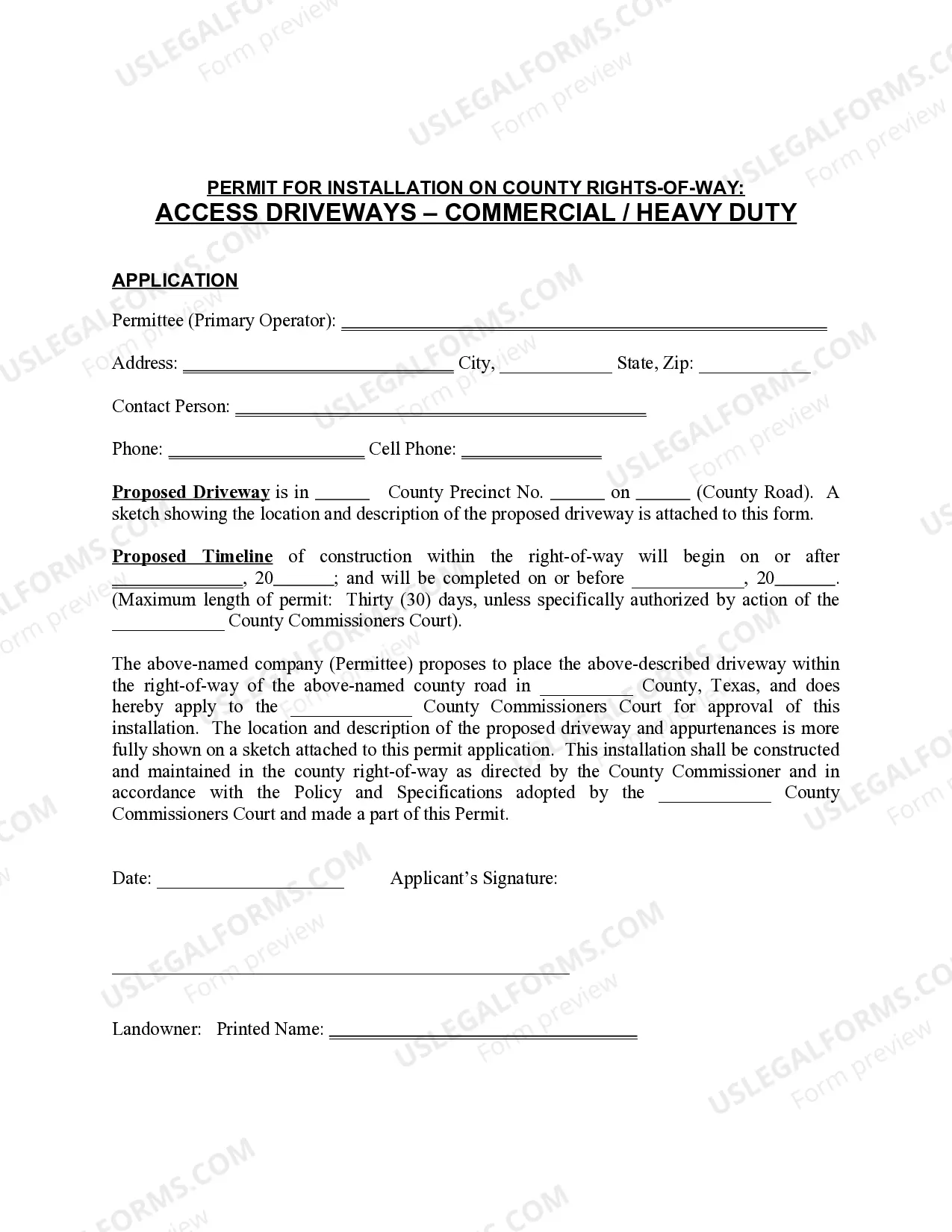 Texas Permit for Installation on County Rights-of-Way - Access Driveway ...