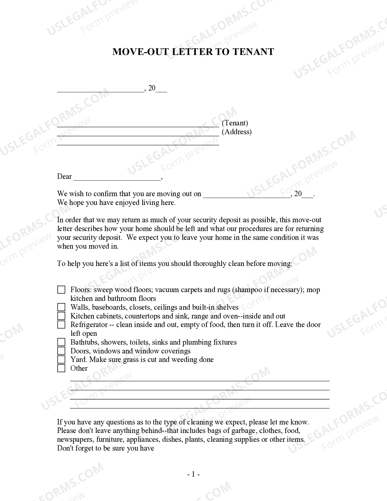 Texas Letter from Landlord to Tenant with Directions regarding cleaning ...