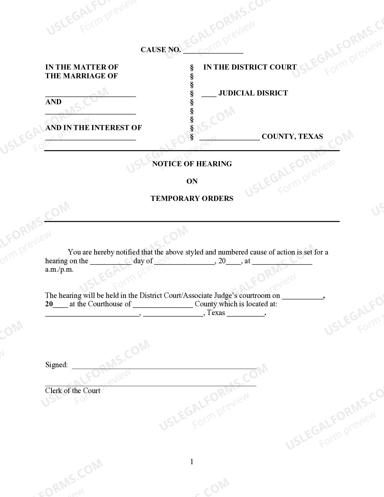 Texas Notice of Hearing on Temporary Orders | US Legal Forms