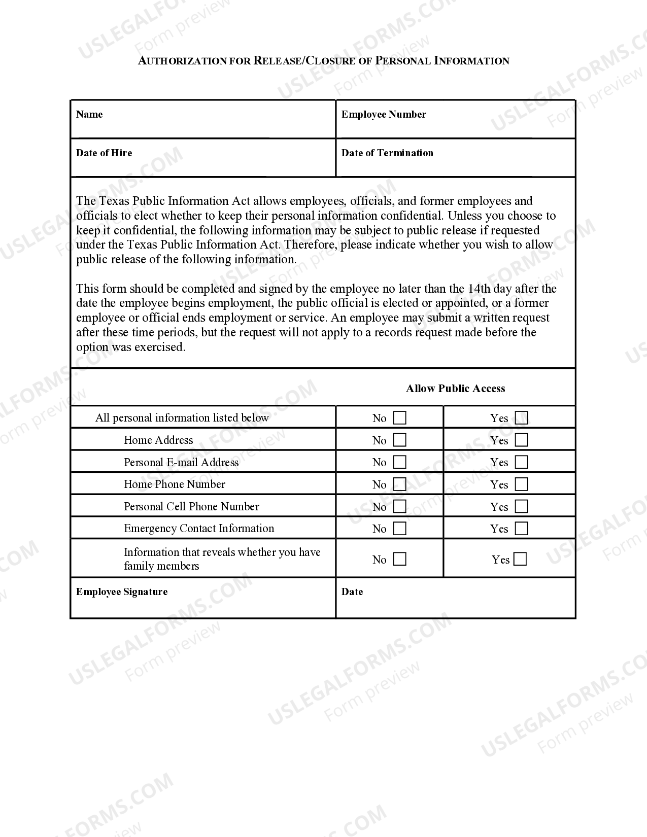 Texas Employee Authorization fo Release/Closure of Personal Information ...