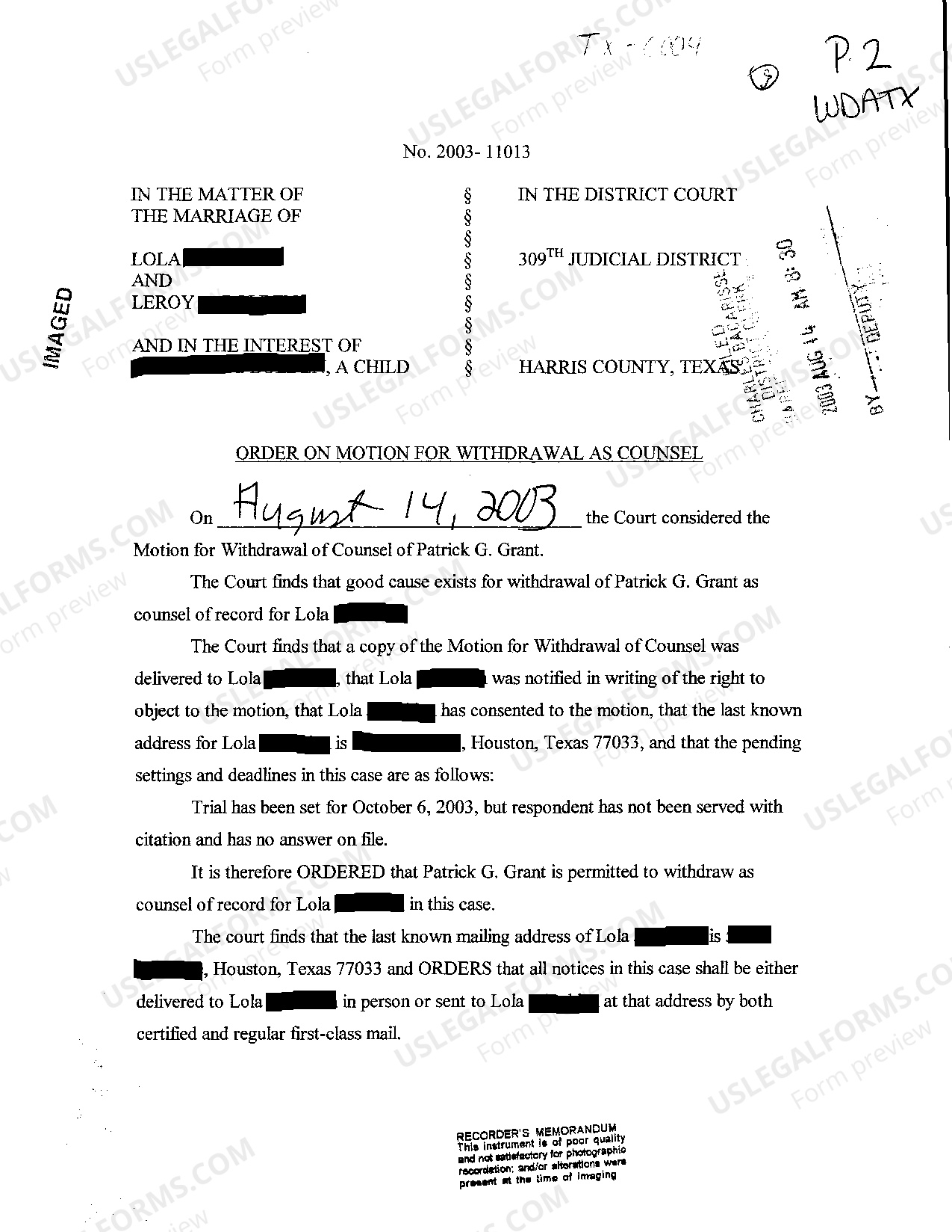 Texas Order for Withdrawal of Counsel - Order To Withdraw | US Legal Forms