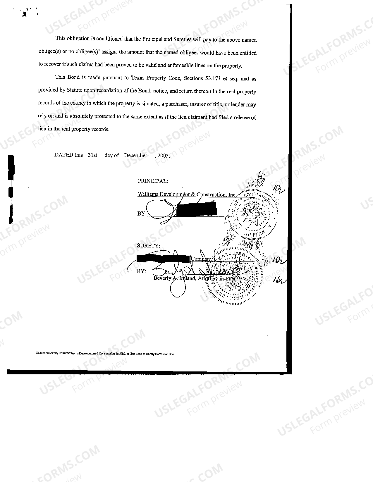 Bond To Indemnify Against Lien Texas Form | US Legal Forms