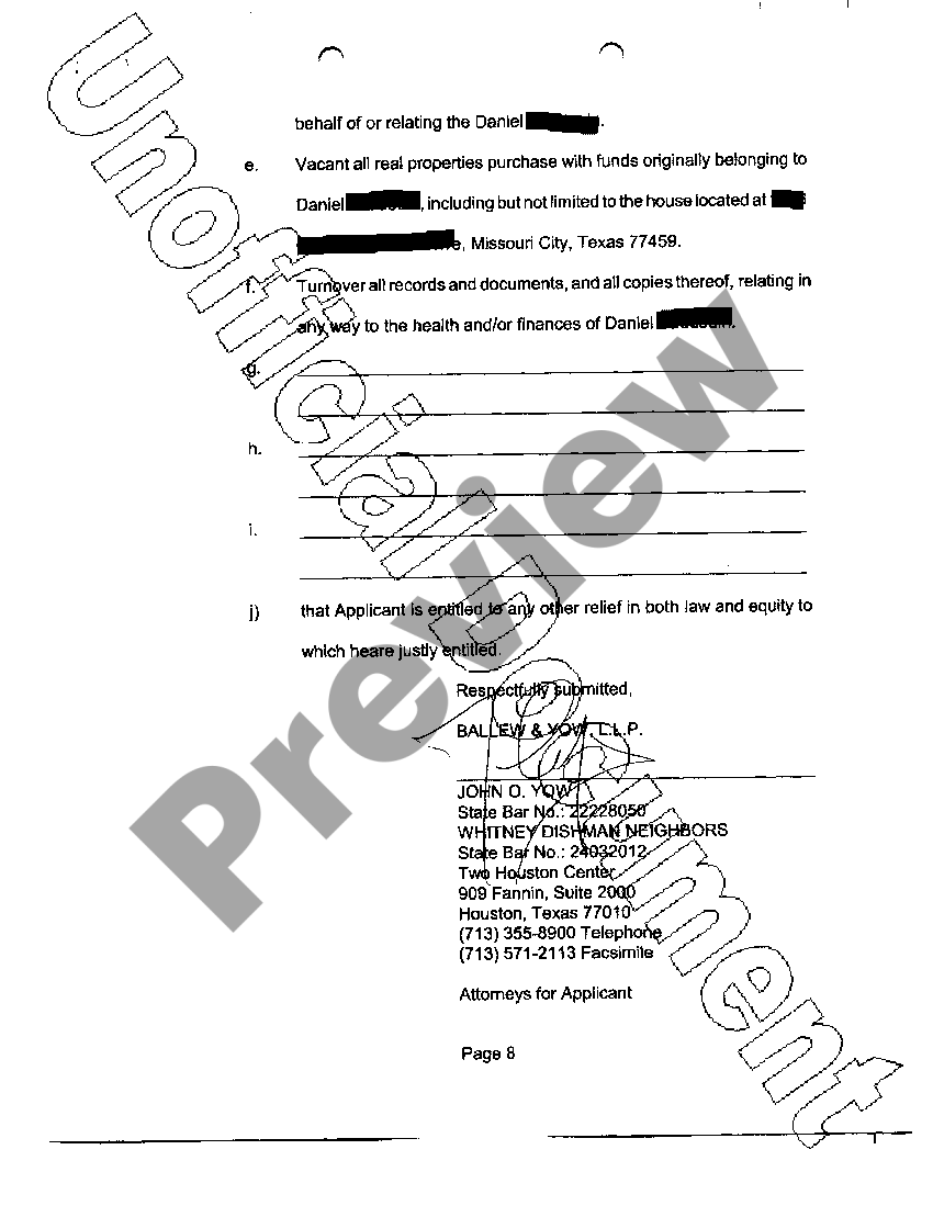 Fort Worth Texas Application For Temporary Restraining Order And