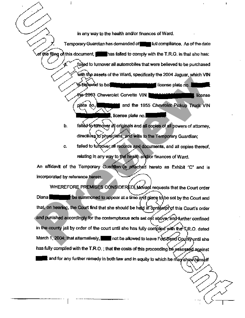Tarrant Texas Motion For Contempt Of Temporary Restraining Order US 