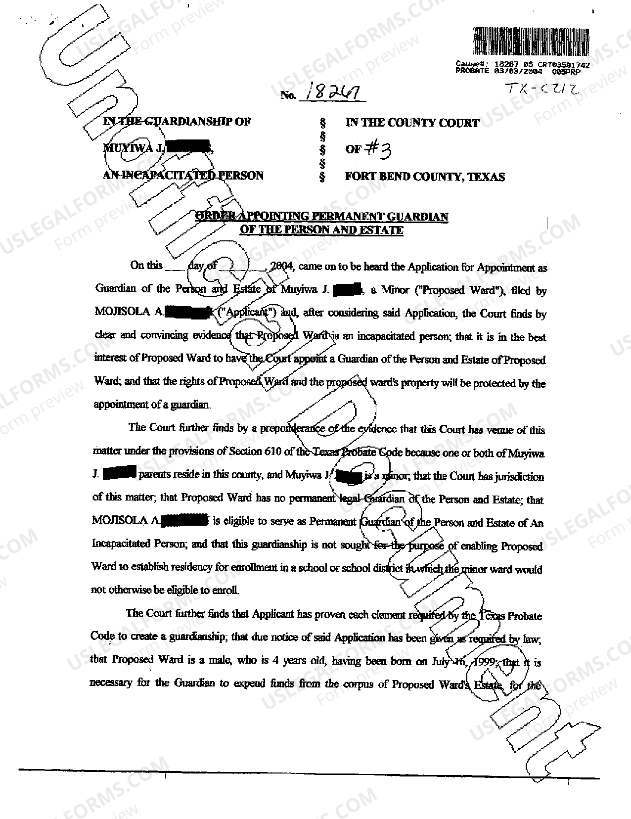 Texas Order Appointing Permanent Guardian of Person and Estate | US ...